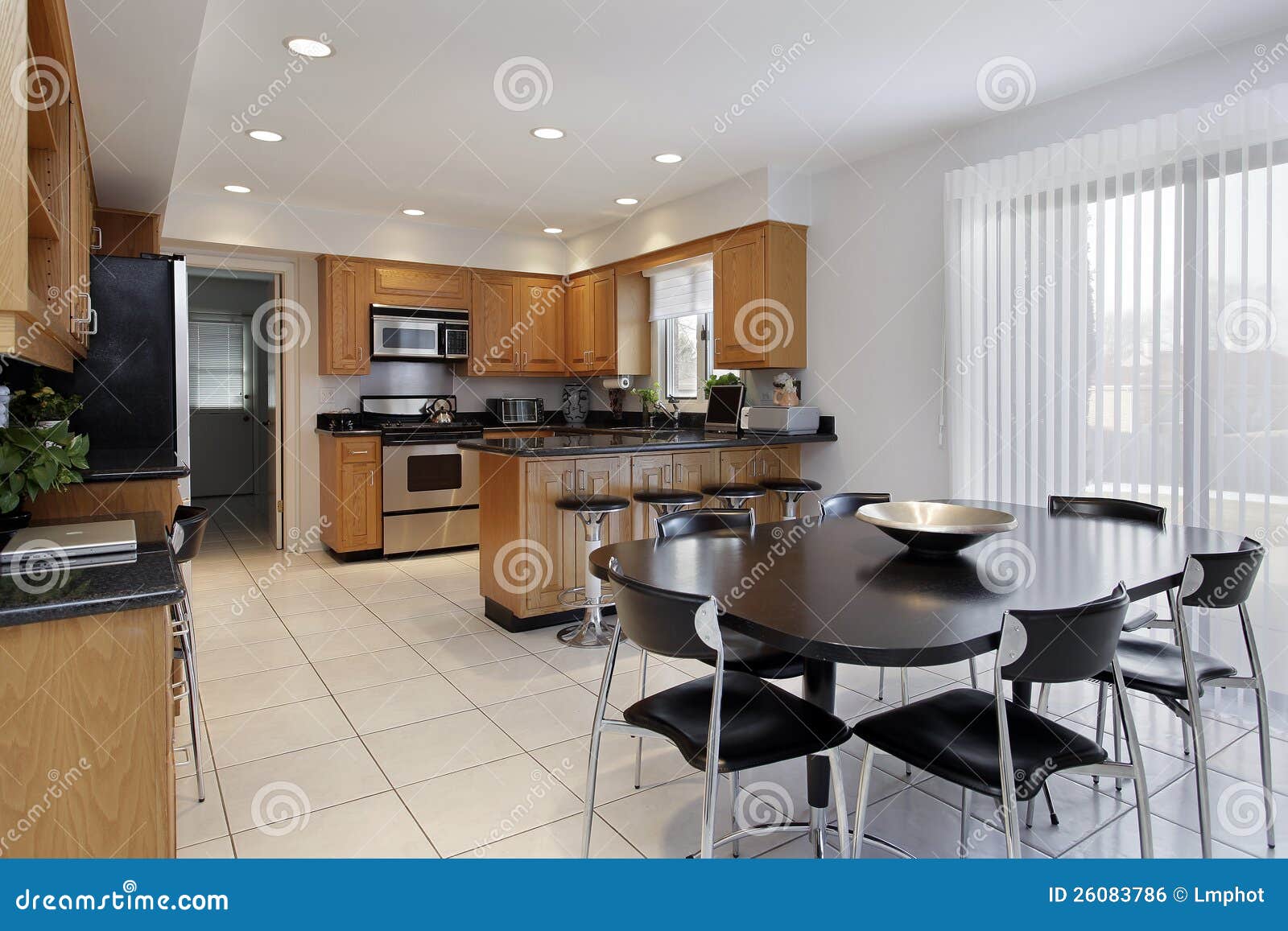 Kitchen with Large Eating Area Stock Photo - Image of island, family ...