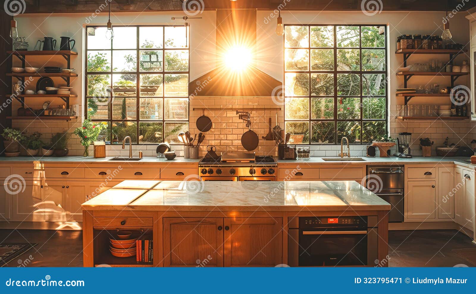 A Kitchen with a Large Island and a Sun Shining through the Window ...