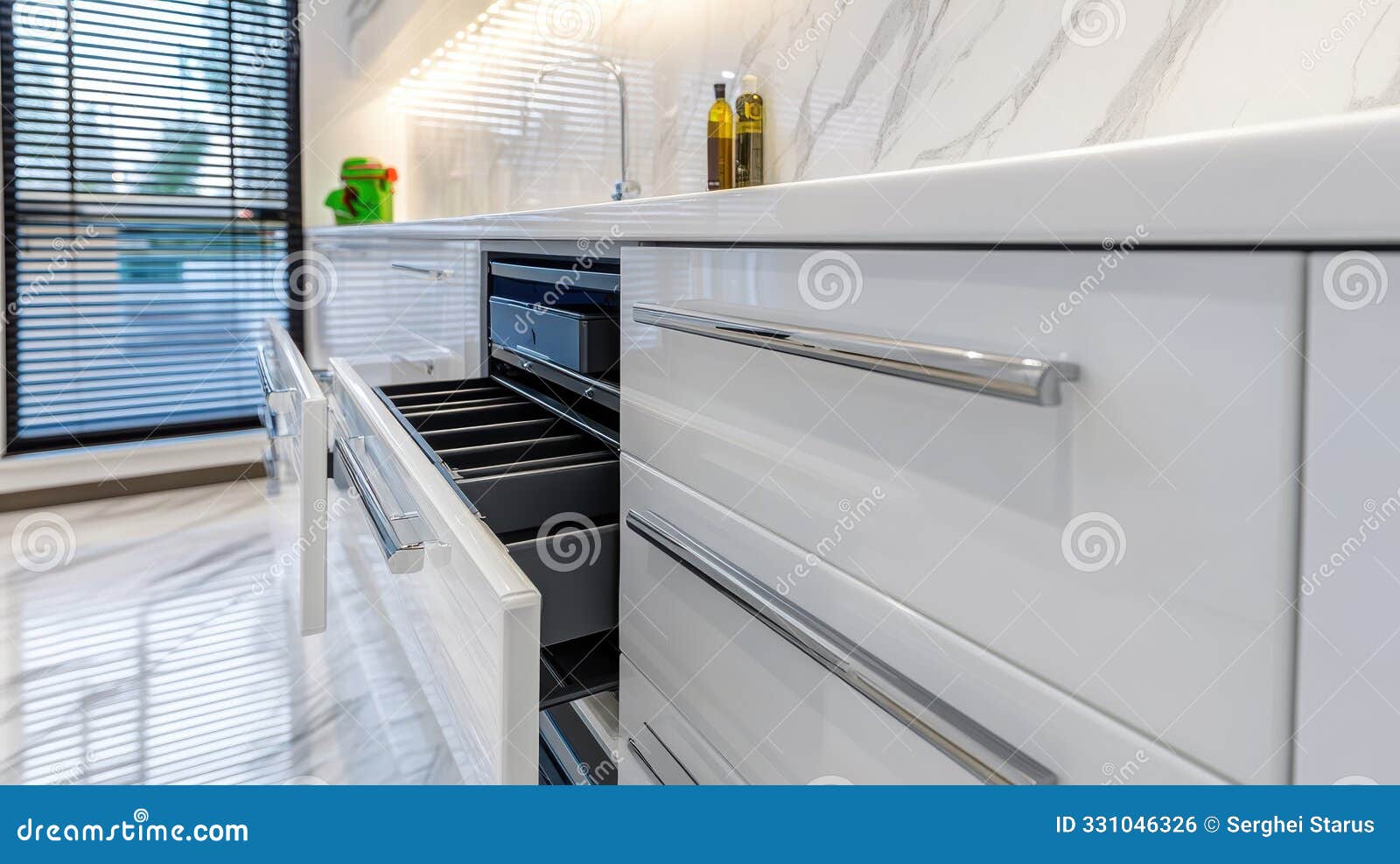 A Kitchen with a Large Open Drawer and White Cabinets, AI Stock Photo ...