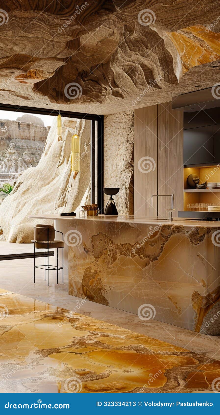 A Kitchen with a Large Stone Counter Top Stock Image - Image of modern ...