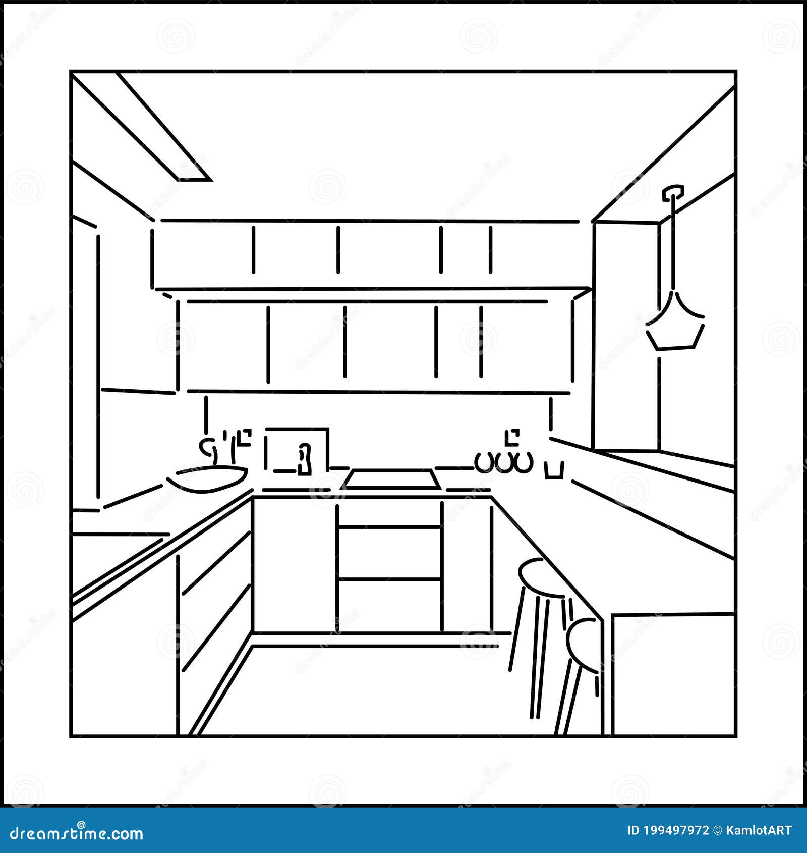 Kitchen Line Art. Digital Sketch of Kitchen Interior. Stock Vector ...