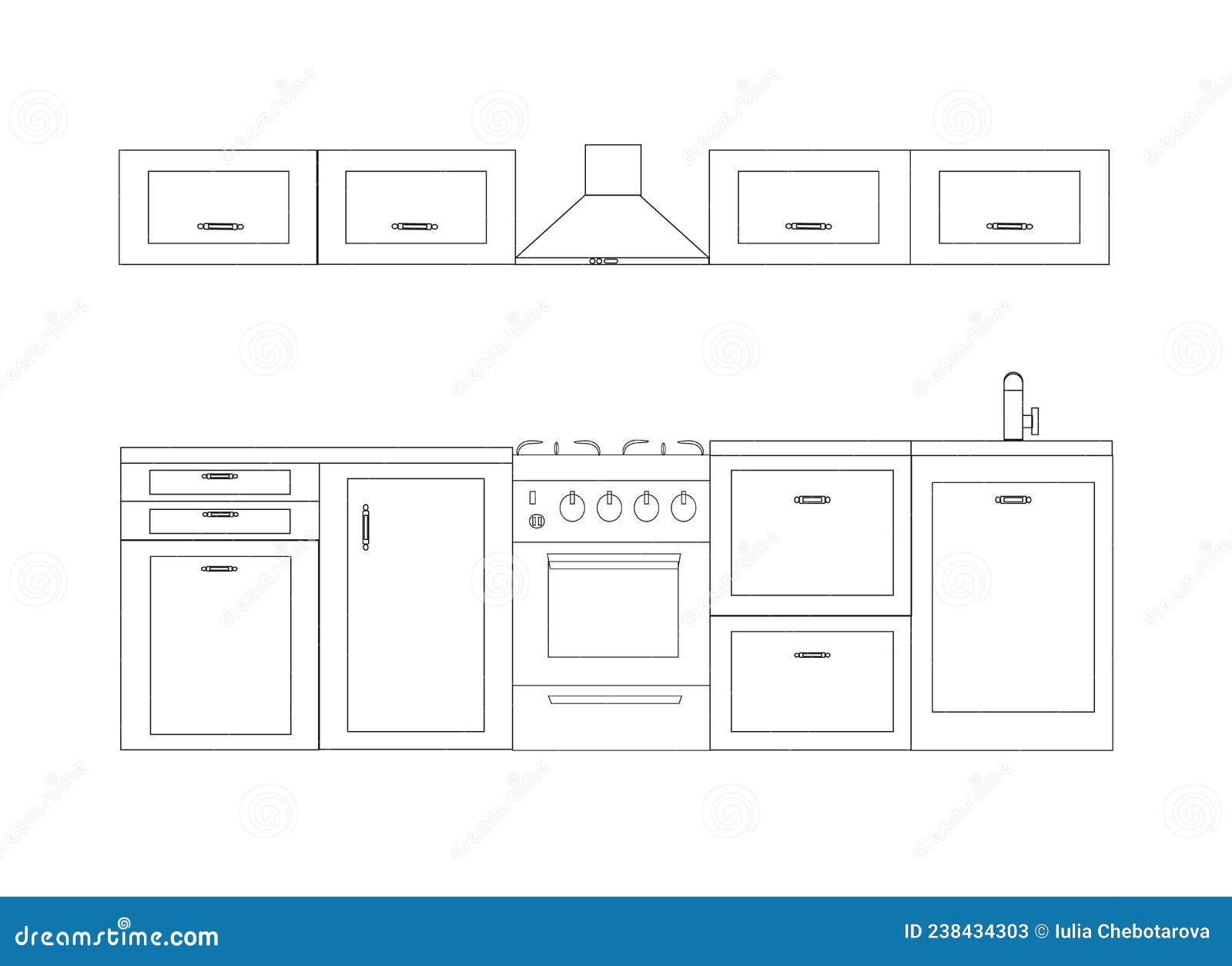 Kitchen in Line Art, Scheme, Decor Stock Illustration - Illustration of ...