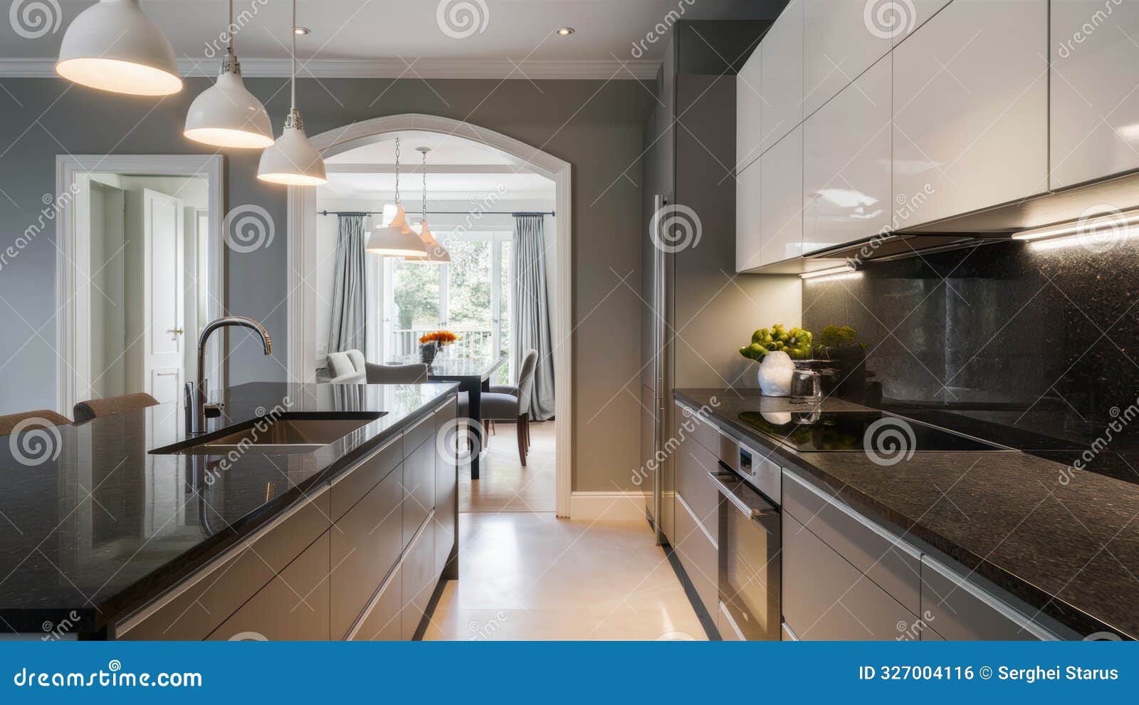 A Kitchen with a Long Counter and Black Granite Counters, AI Stock ...