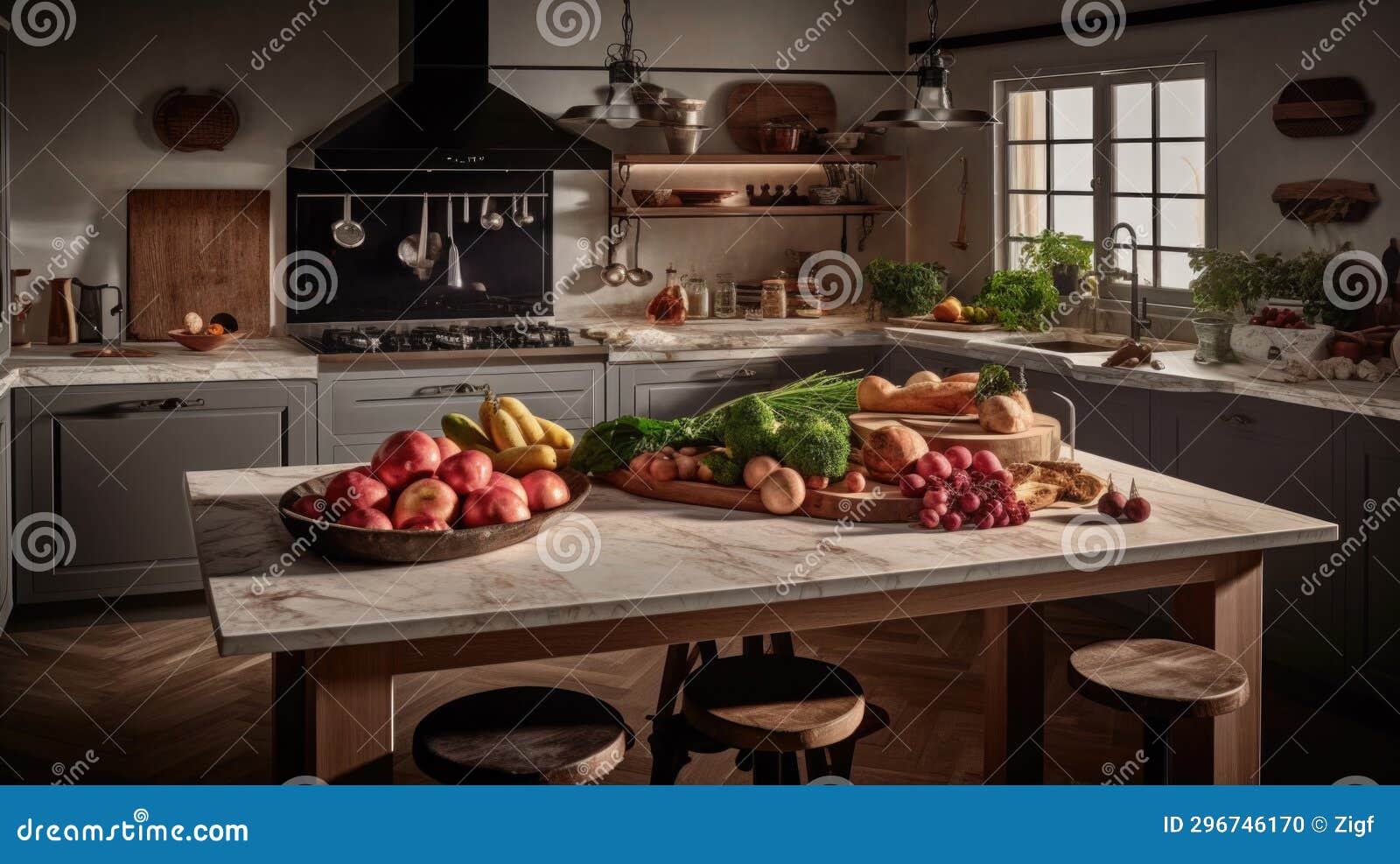 Kitchen with a Lot of Fruit and Vegetables on the Counter Stock ...
