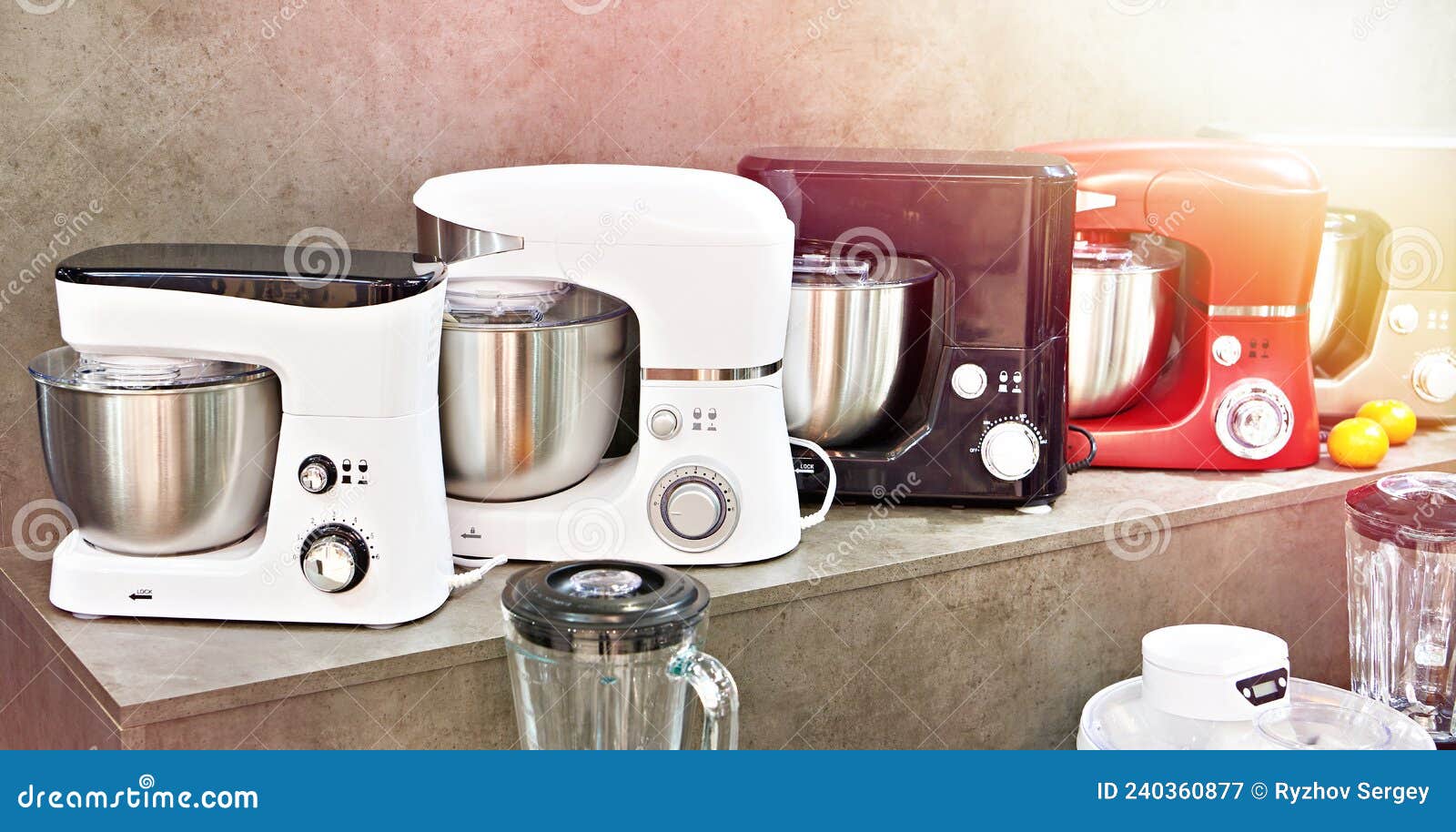 Kitchen machines on store stock image. Image of electricity - 240360877