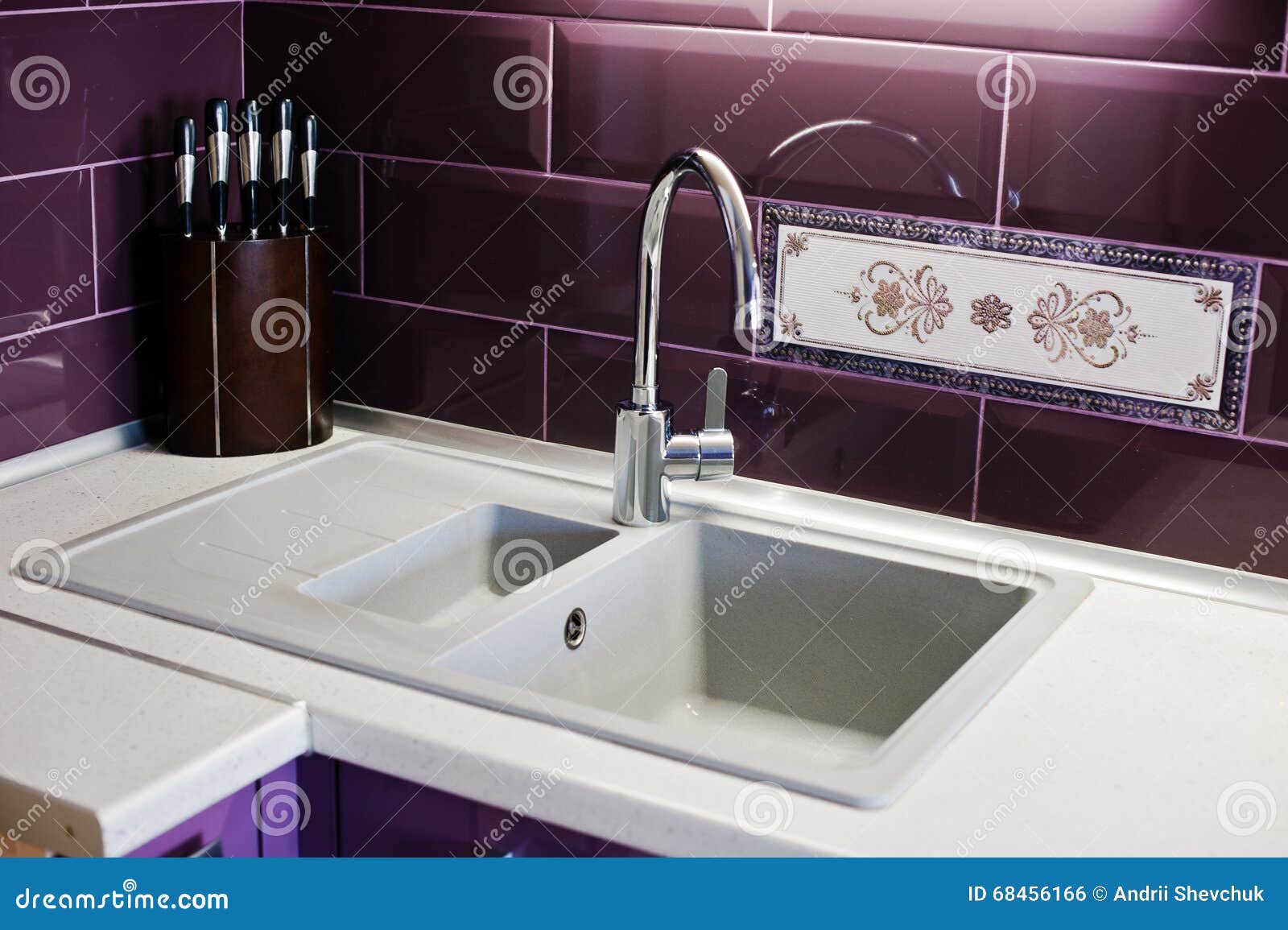 Kitchen Mixer Tap into Granite Work Surface Background Violet T Stock ...
