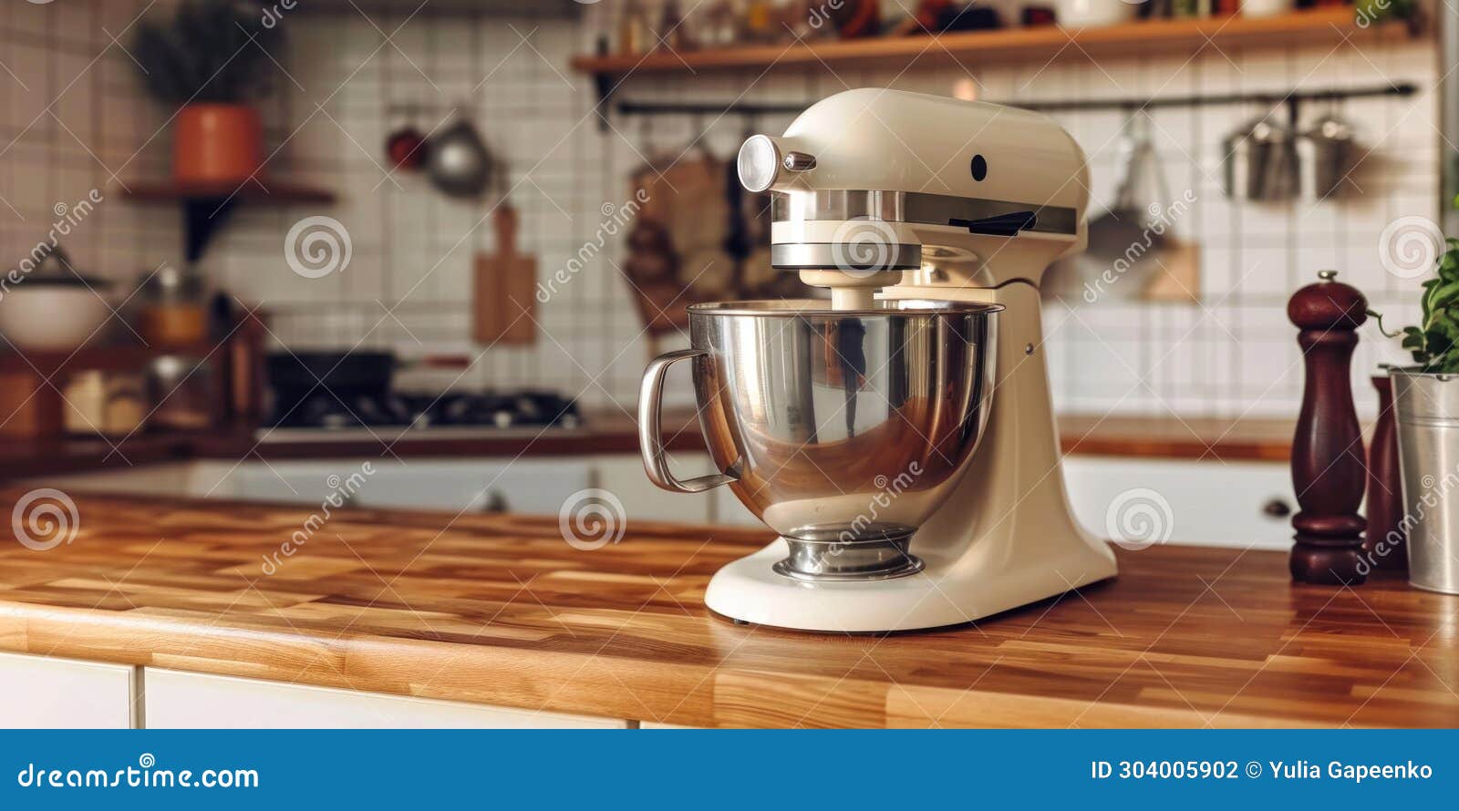 A Kitchen Mixer with a Wooden Top is Sitting on Top of a Wooden Counter ...