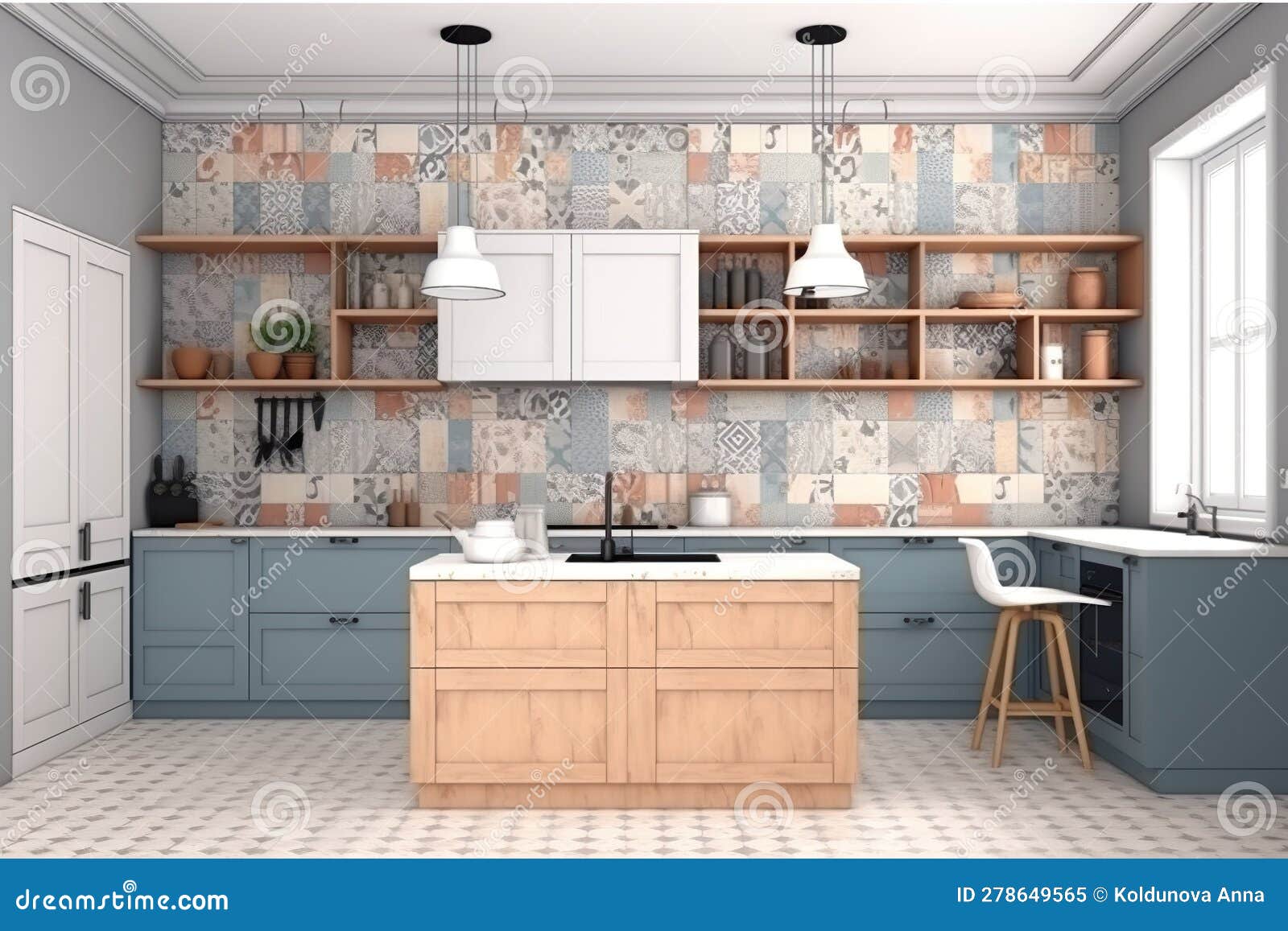 Kitchen Mock Up Design with Patchwork Details, Concept of Decorative ...