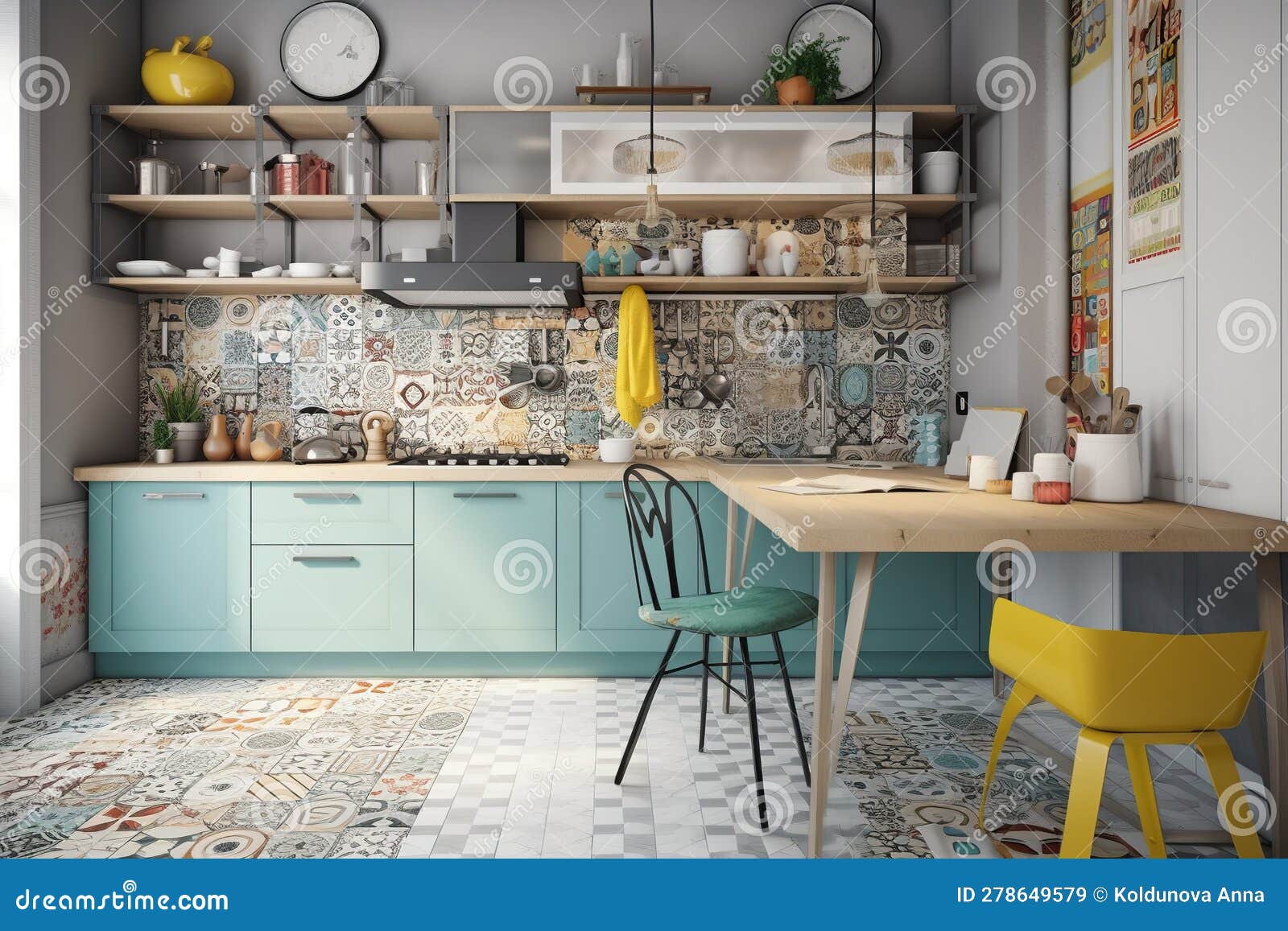 Kitchen Mock Up Design with Patchwork Details, Concept of Decorative ...