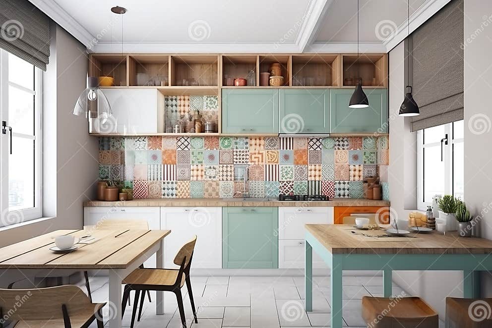 Kitchen Mock Up Design with Patchwork Details, Concept of Decorative ...