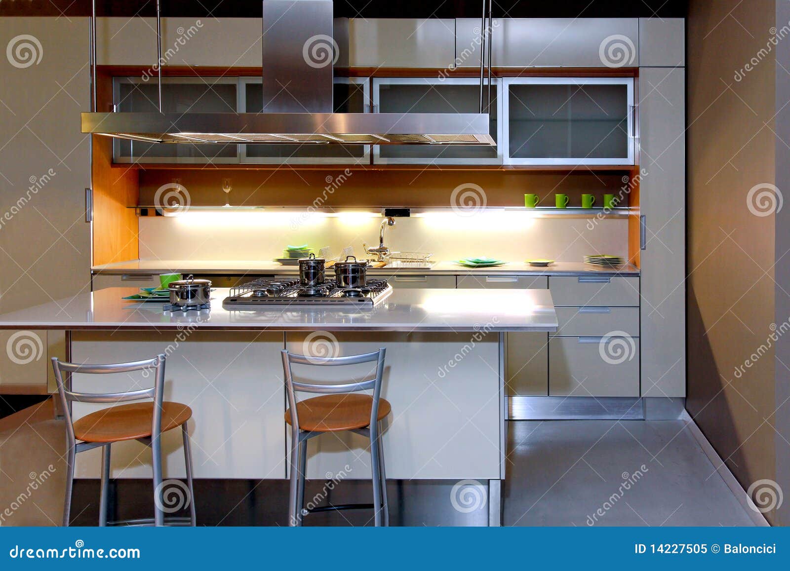 Kitchen at night stock image. Image of chairs, spotlights - 14227505