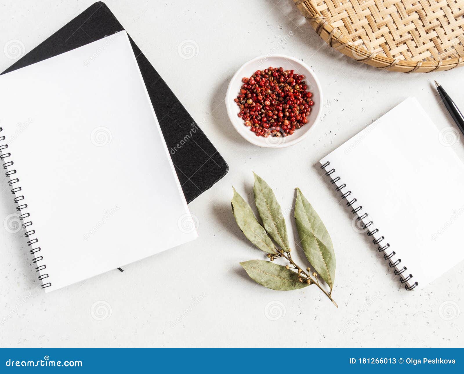 Kitchen Notepad Mock Up for Culinary Text, Wicker Tray and Spices on ...