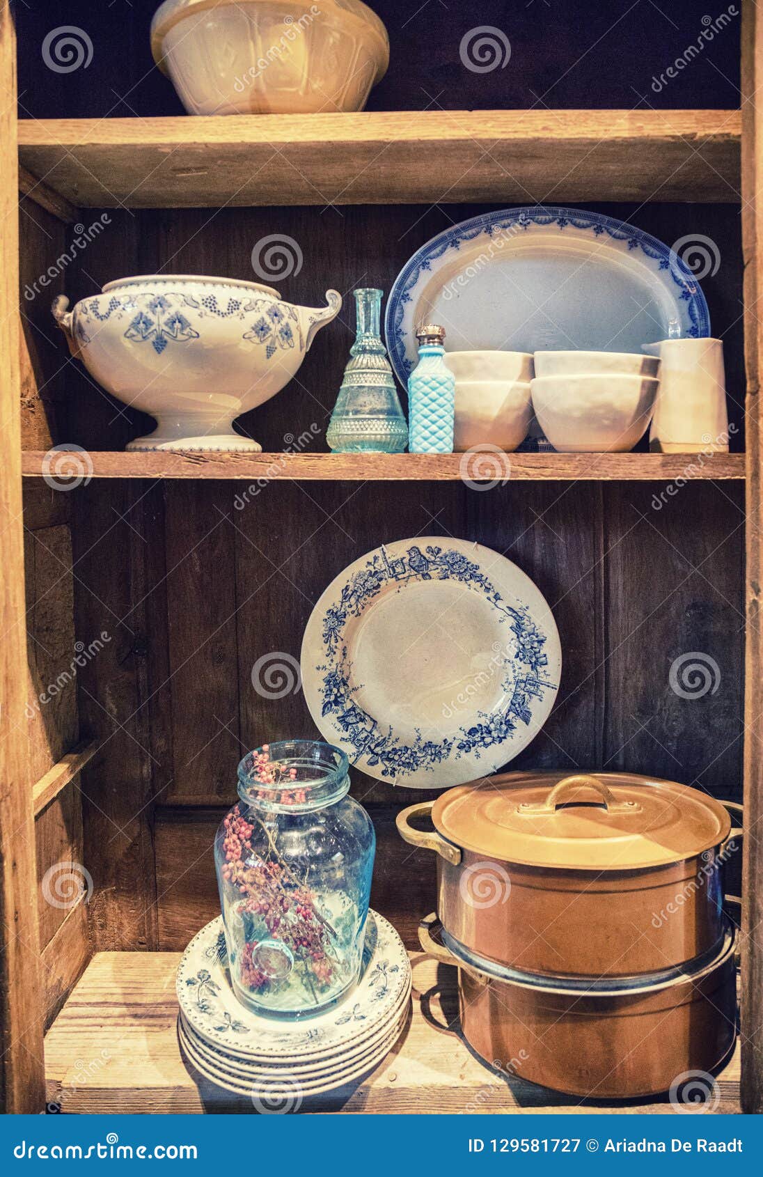 Kitchen Objects on Wooden Shelf Stock Image - Image of traditional ...