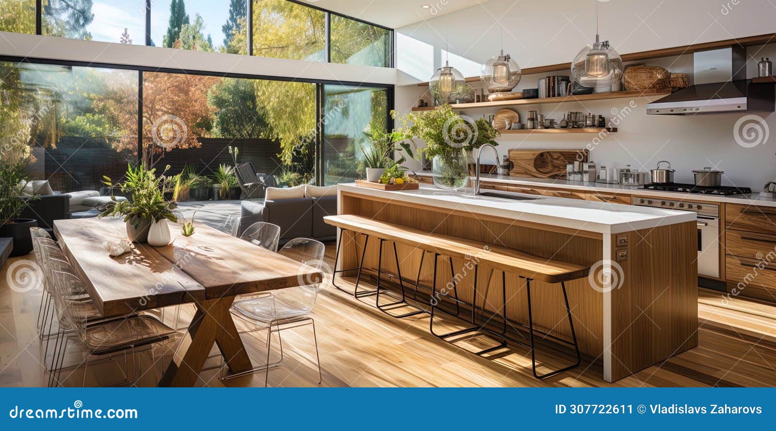 A Kitchen with Open Layout and Glass Doors on the Terr Stock Image ...