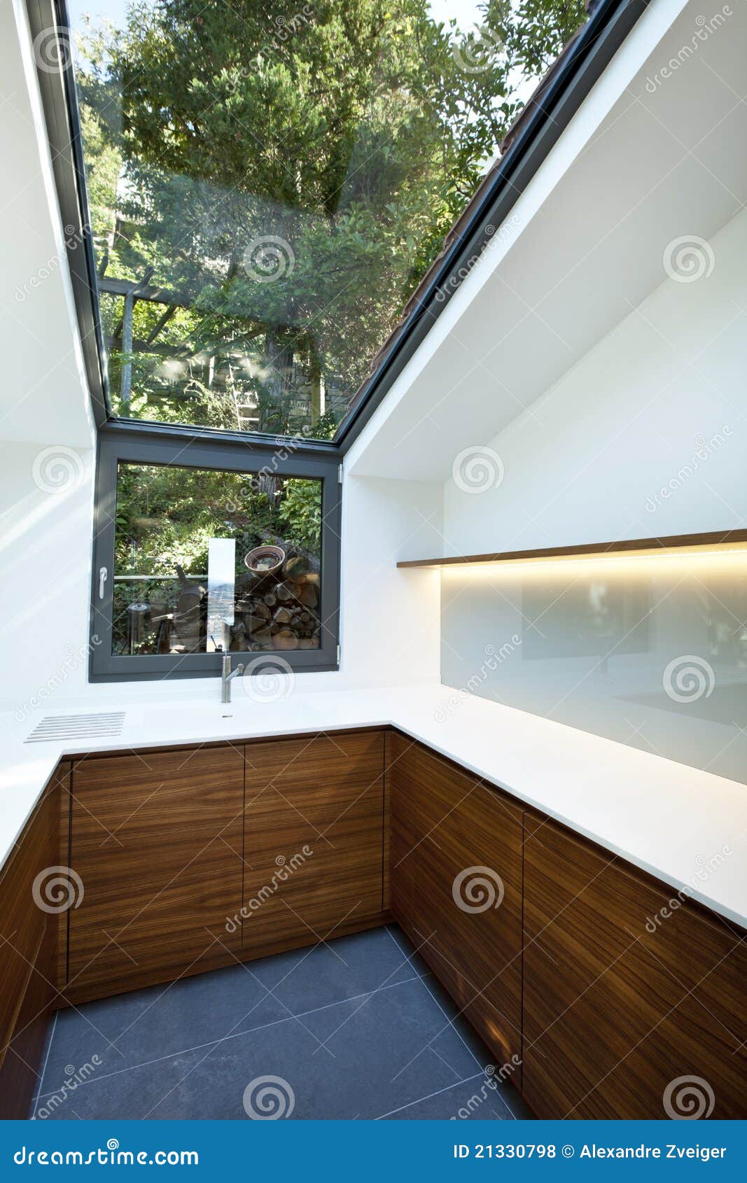 Kitchen with Panoramic Window Stock Photo - Image of view, apartment ...