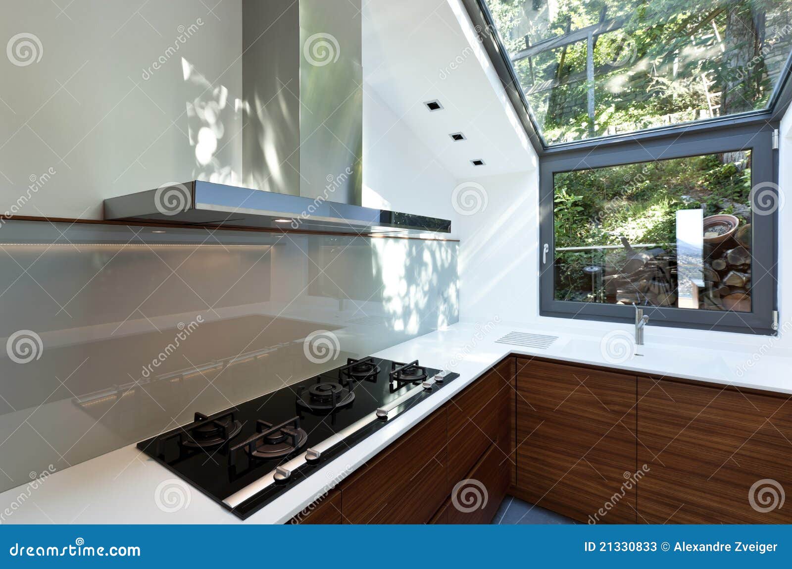 Kitchen with Panoramic Window Stock Image - Image of comfortable ...