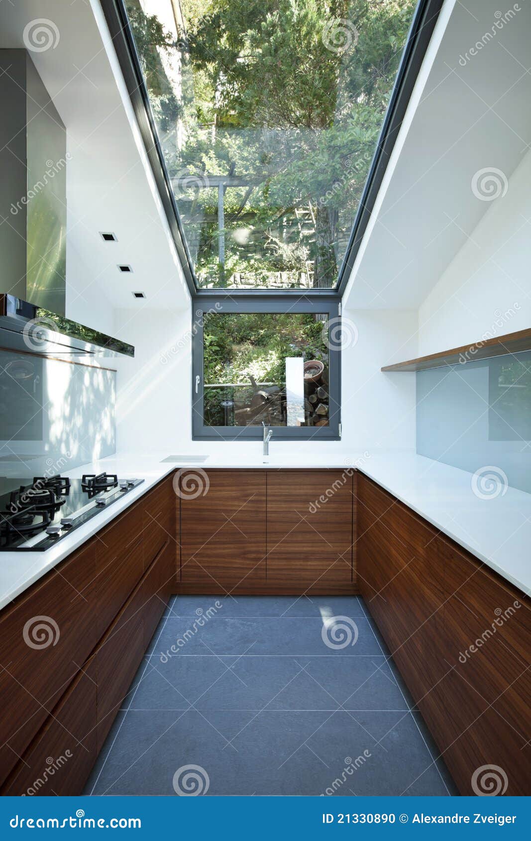 Kitchen with Panoramic Window Stock Photo - Image of empty, white: 21330890