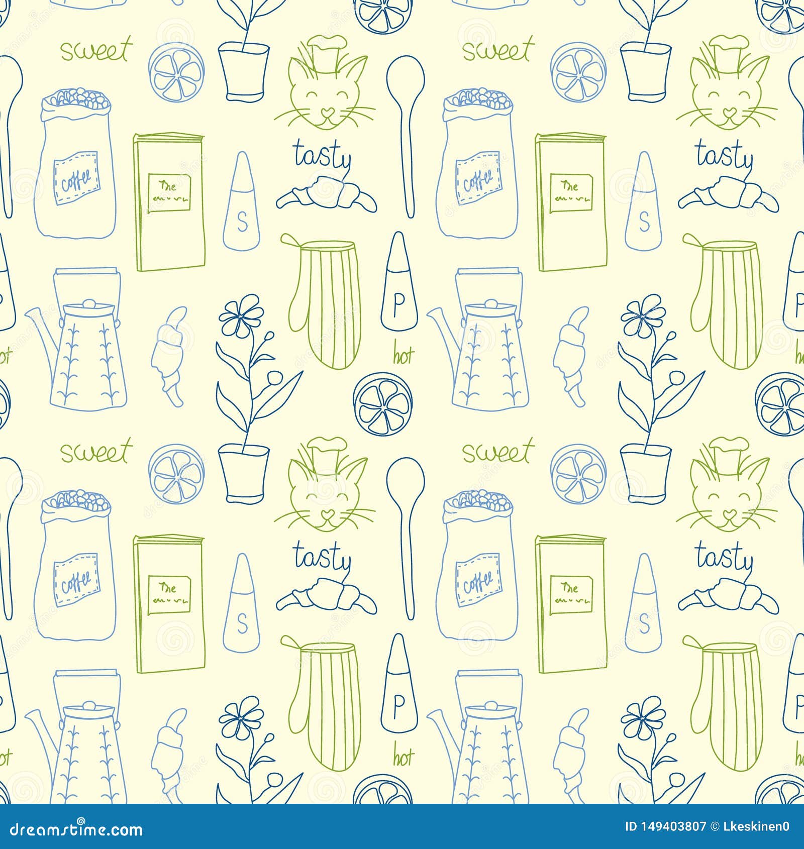 Kitchen Pattern Seamless Hand Drawn Design Stock Vector - Illustration ...