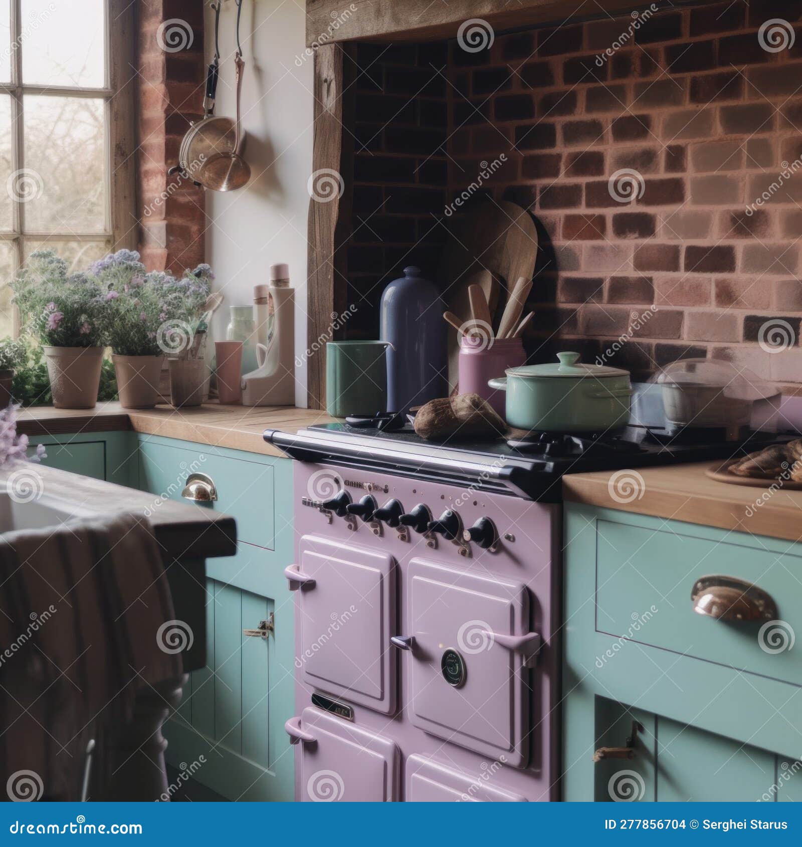 A Kitchen with a Pink Stove Top Oven. Generative AI Image. Stock ...