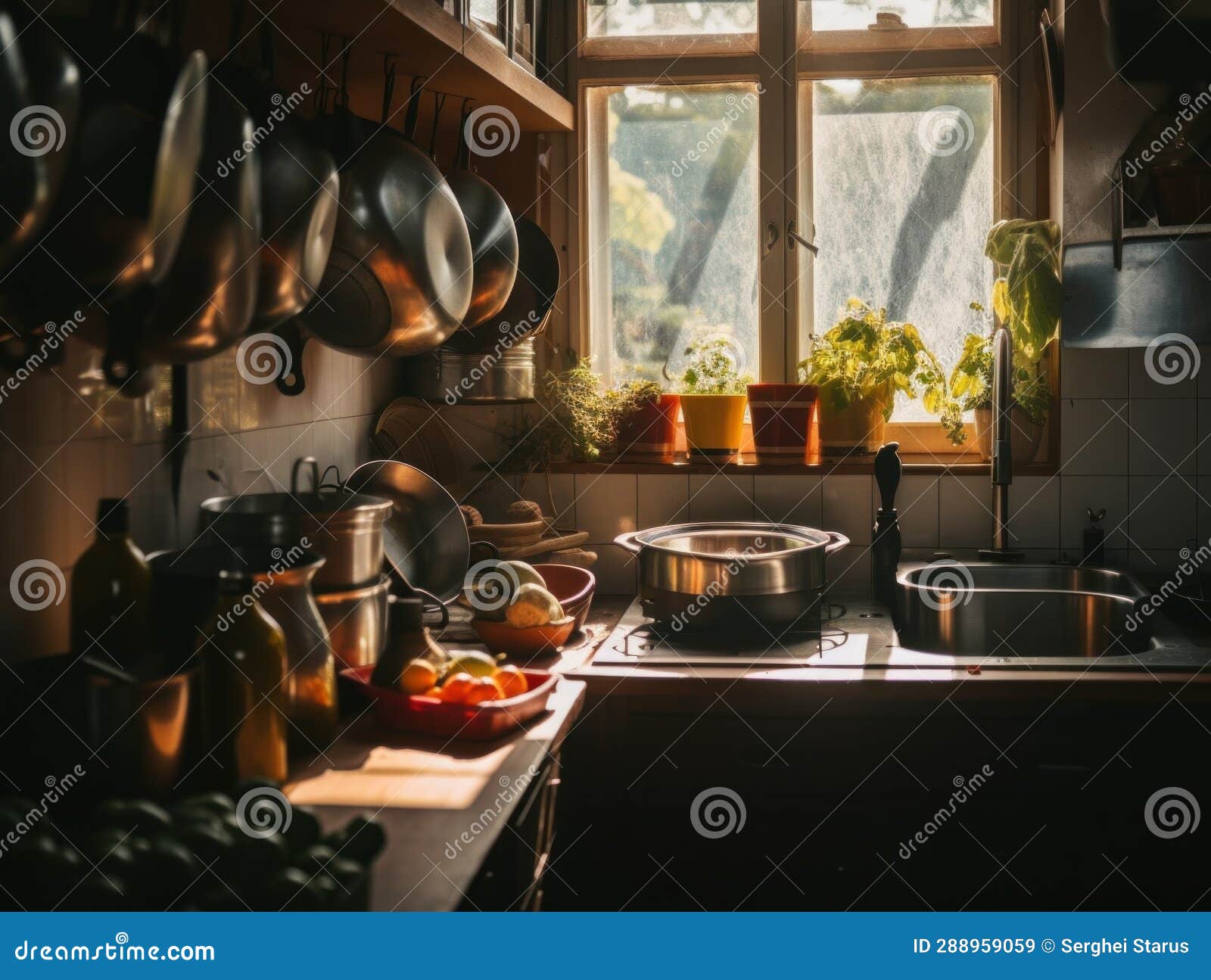Kitchen with Pots and Pans on the Counter, AI Stock Illustration ...