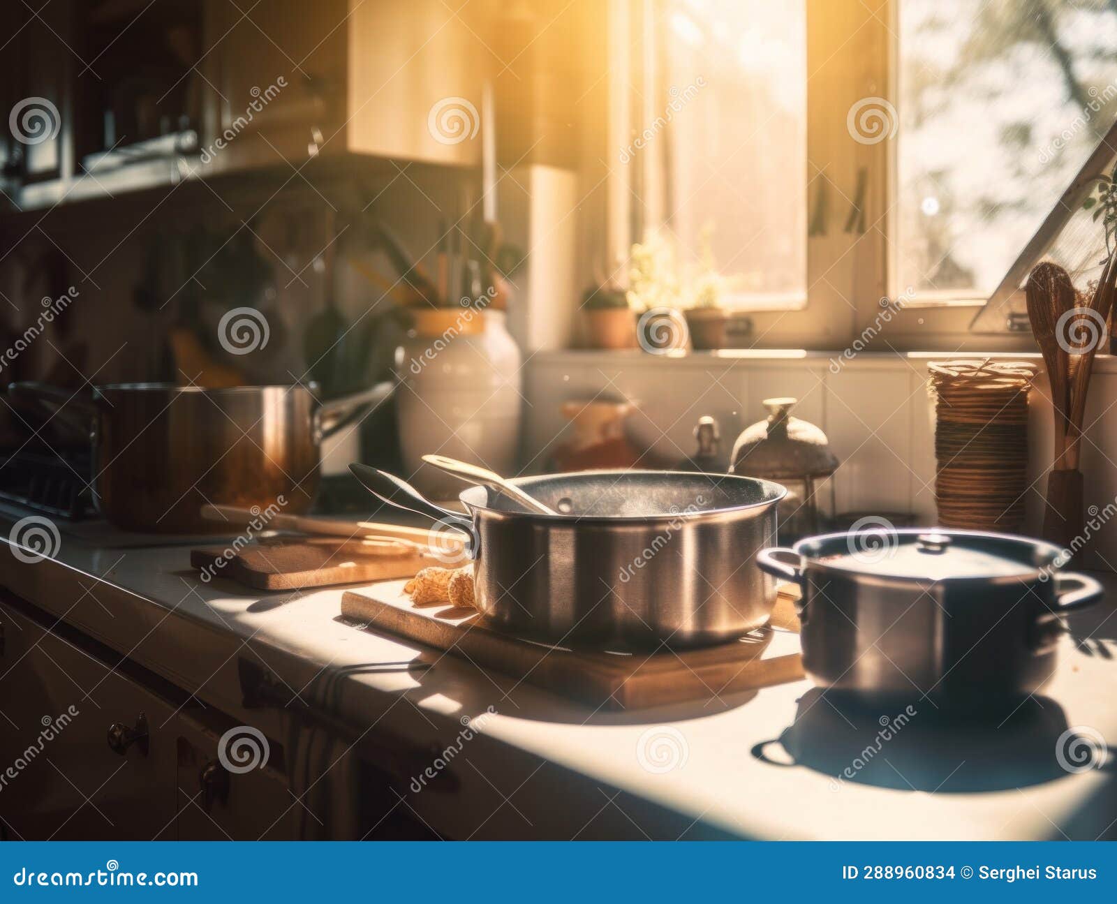 Kitchen with Pots and Pans on Counter, AI Stock Illustration ...