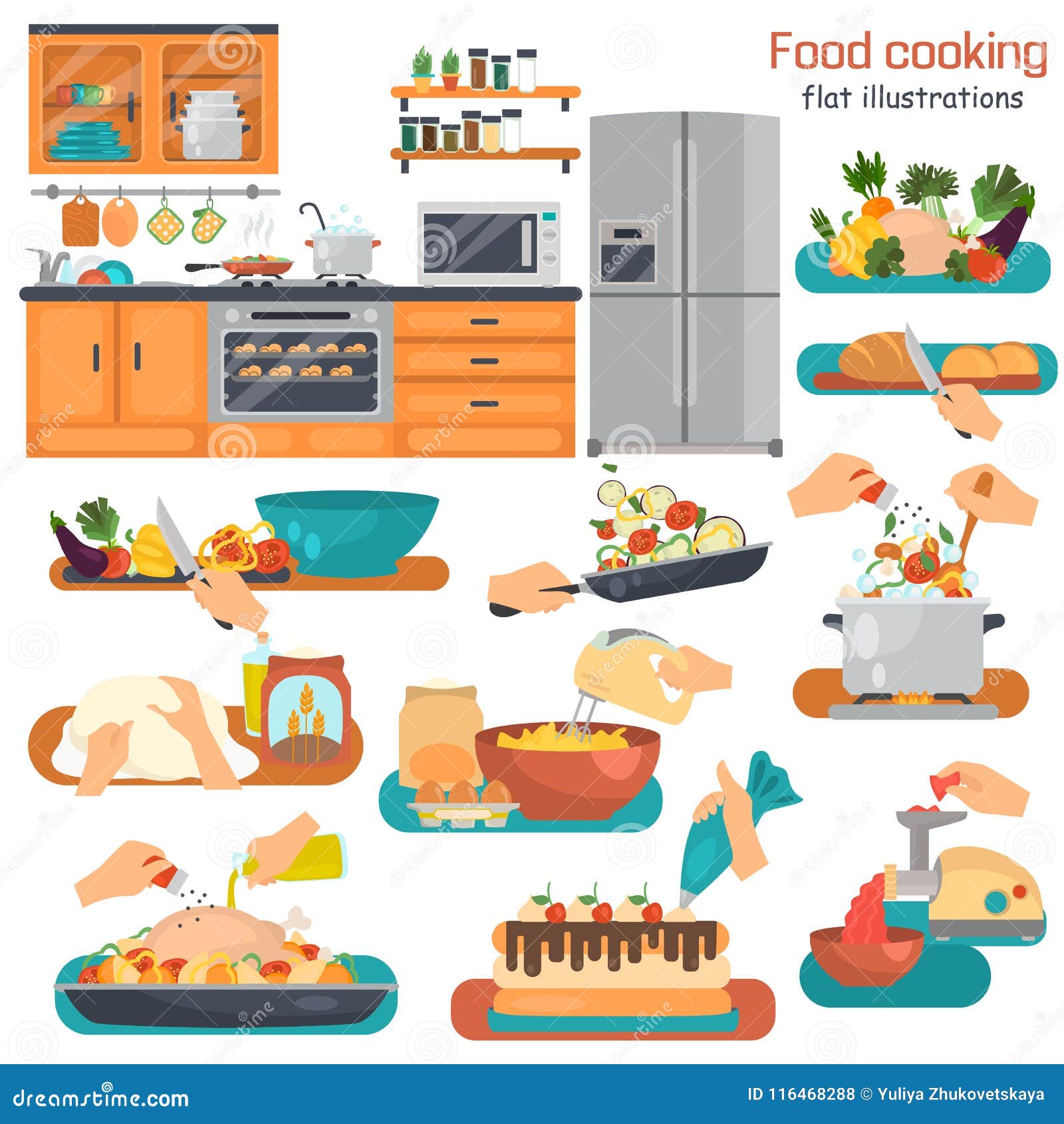Kitchen and the Process of Cooking Various Dishes Color Flat ...