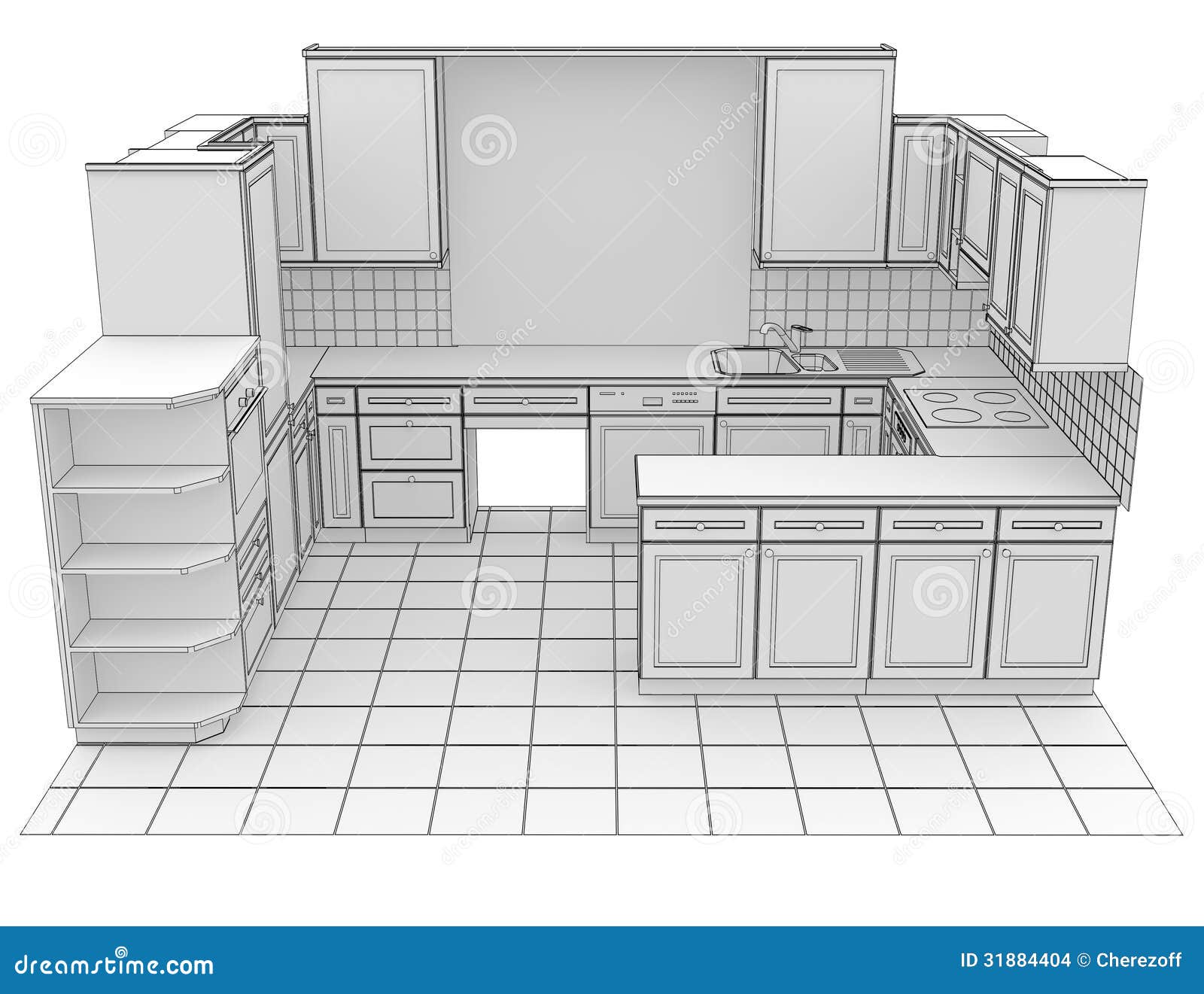 Kitchen rendered by lines stock illustration. Illustration of industry ...