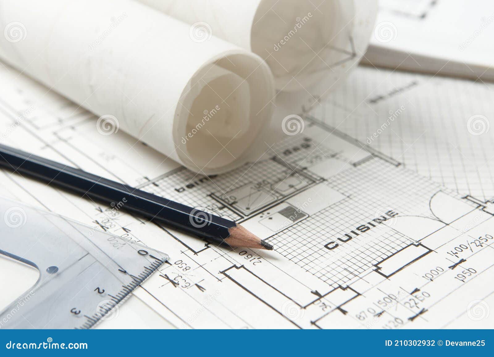 Kitchen Renovation Plans with Rolled Up House Plans, Pencil and ...