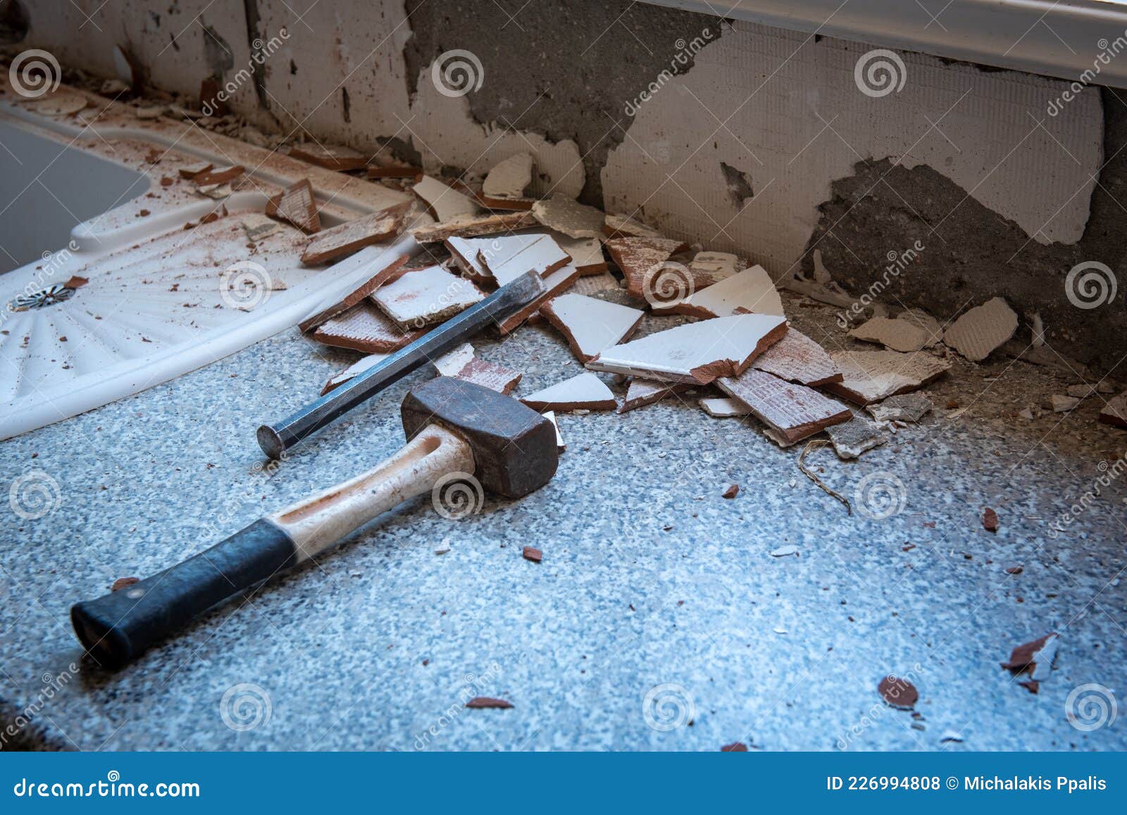 Kitchen Renovation. Work Tools on a Kitchen Board and Broken Wall ...