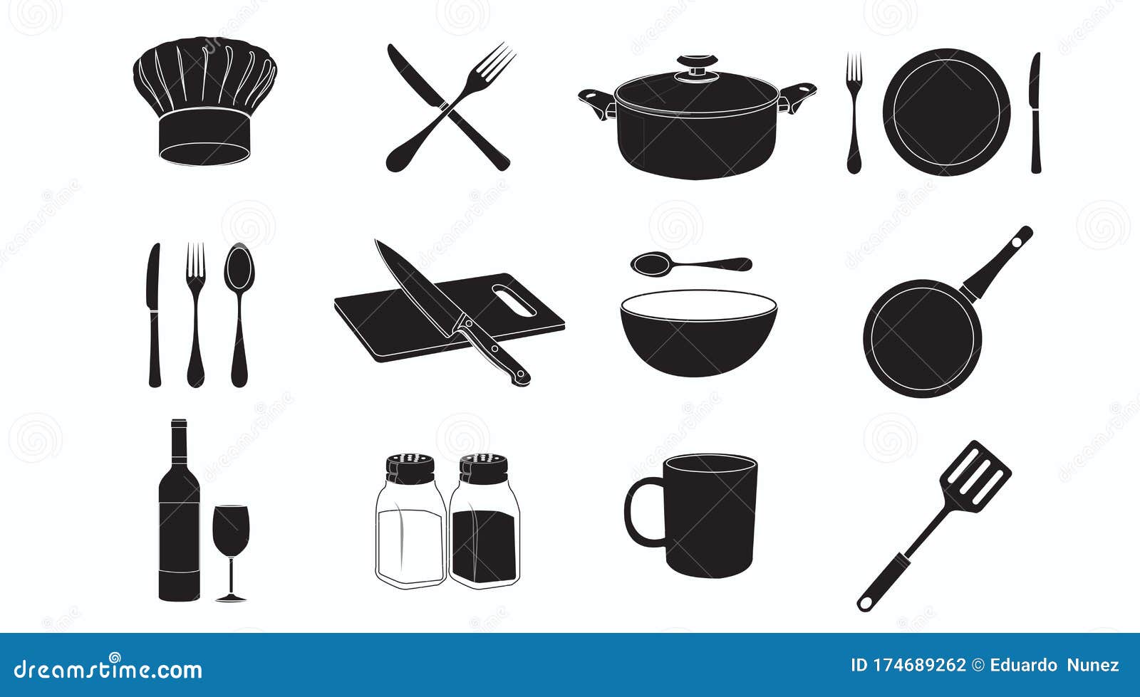 Kitchen or Restaurant Icon Set in Black and White. Stock Vector ...