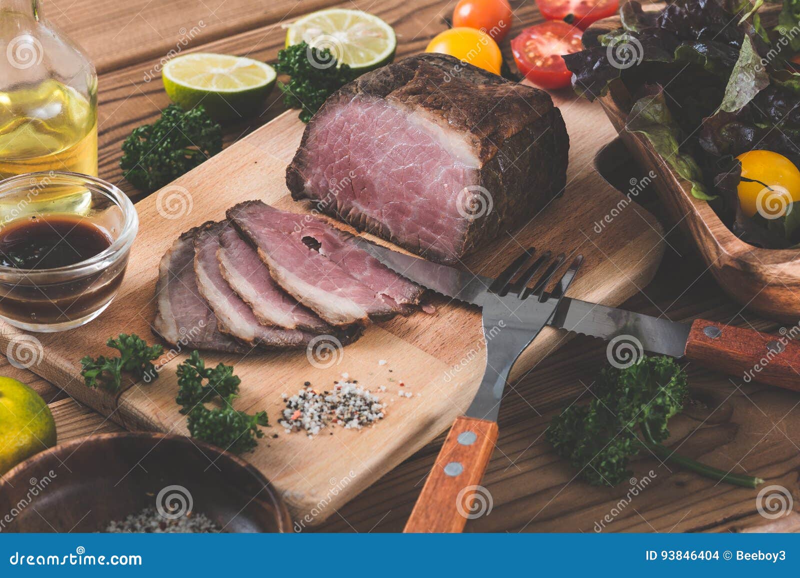 Kitchen and Roast Beef and Vegetables and Condiments Stock Photo ...