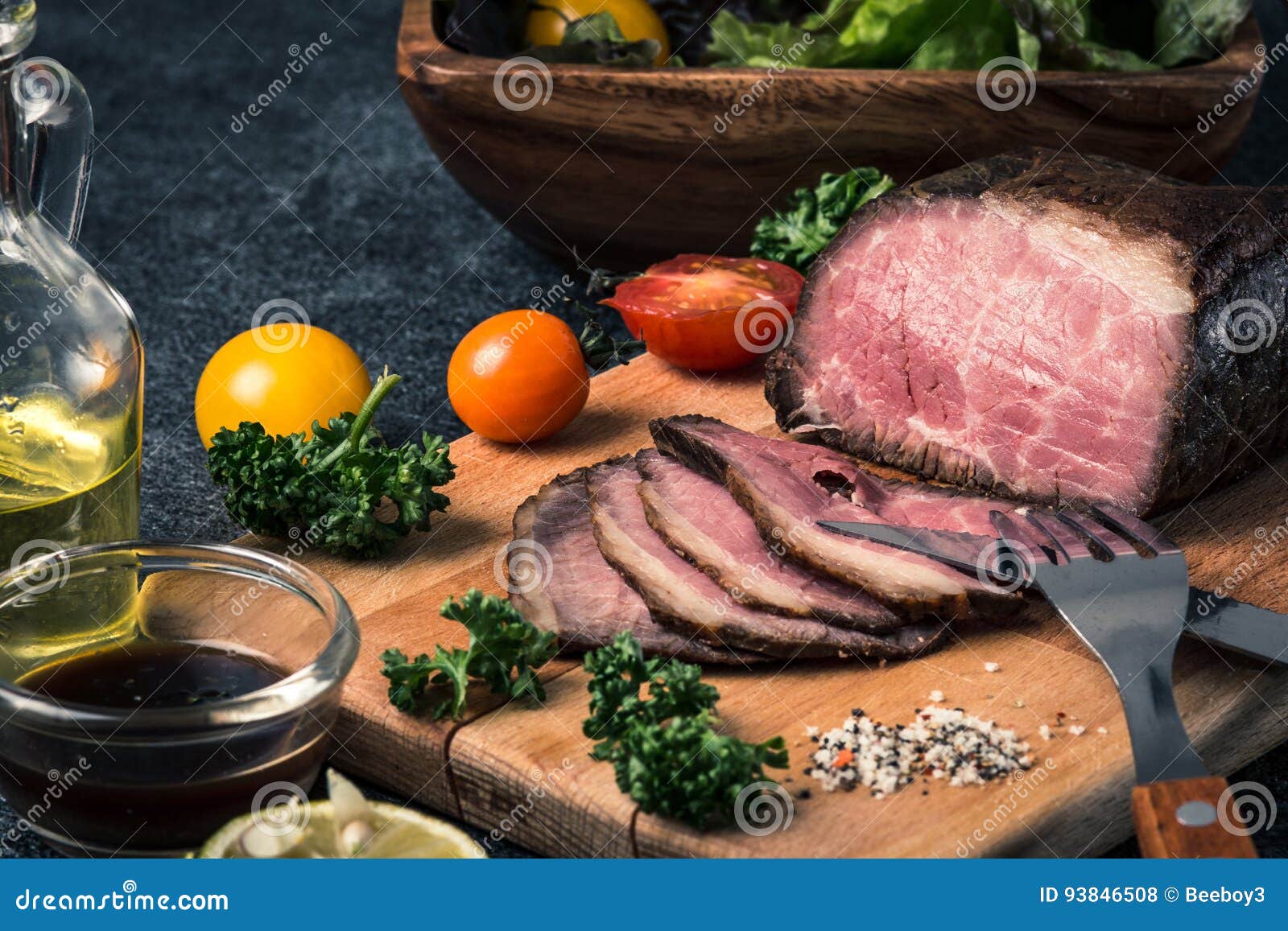 Kitchen and Roast Beef and Vegetables and Condiments Stock Photo ...