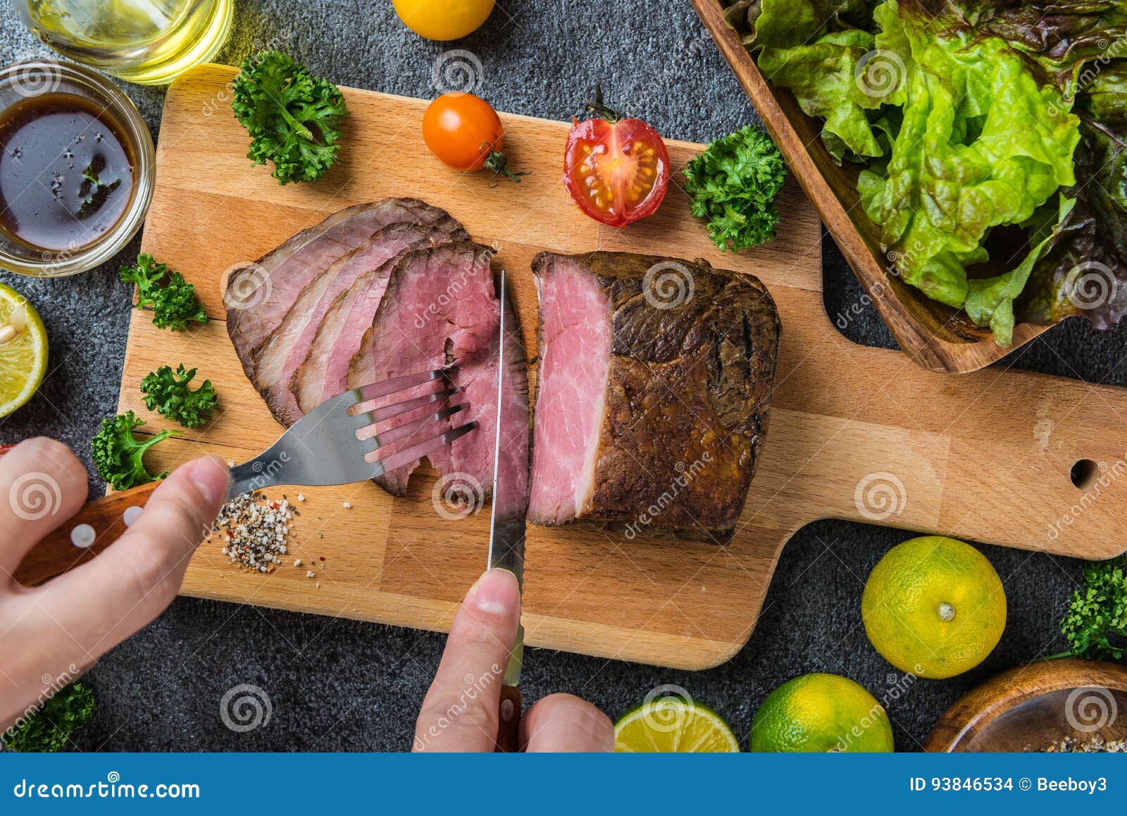 Kitchen and Roast Beef and Vegetables and Condiments Stock Photo ...