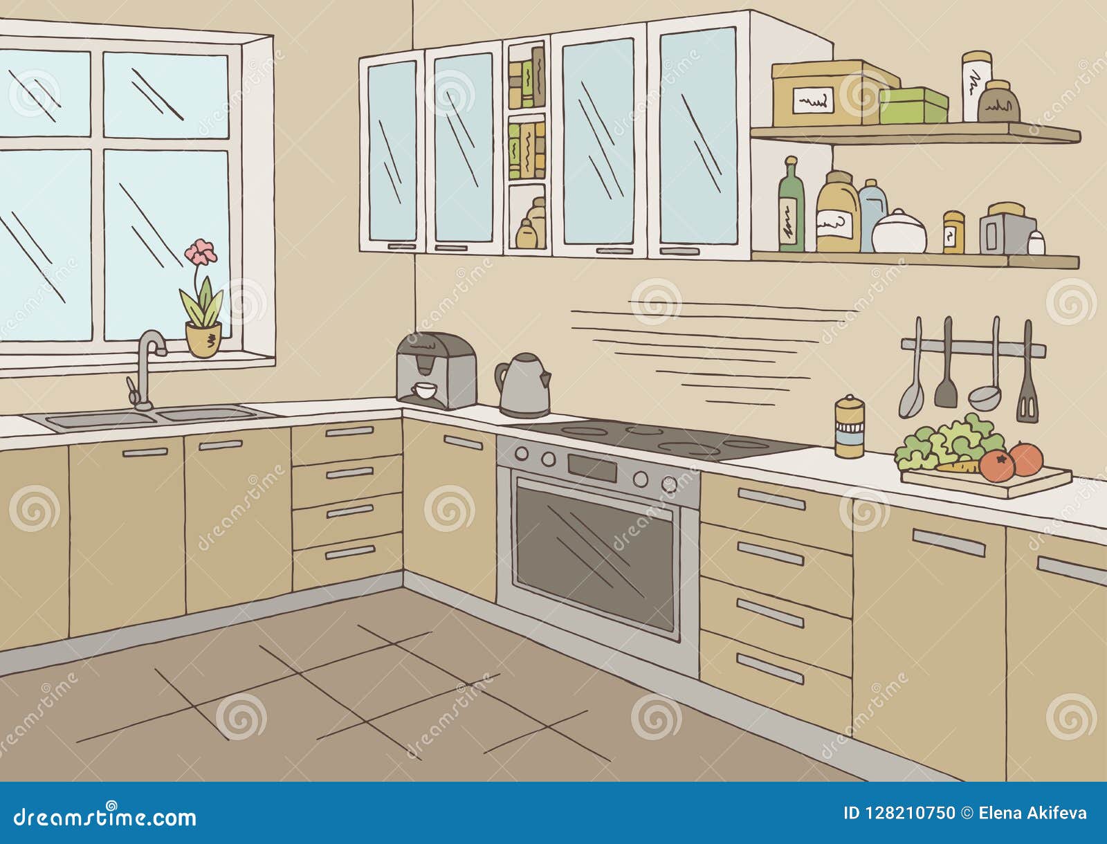 Kitchen Room Graphic Color Home Interior Sketch Illustration Vector ...