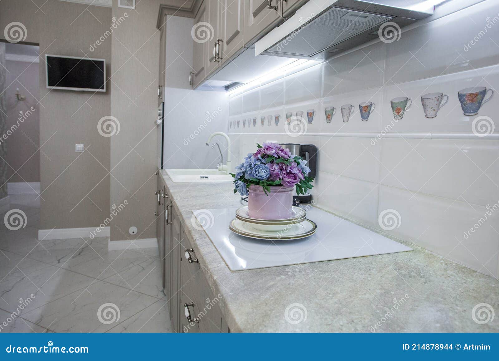 Kitchen Room Interior Details, Marble Countertops and Ceramic Tiles ...