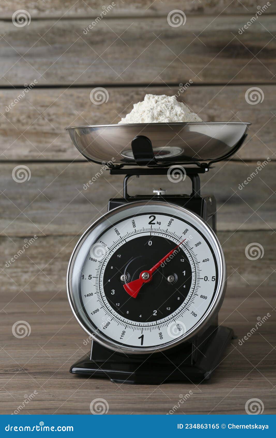 Kitchen Scale with Flour on Wooden Table Stock Image - Image of product ...