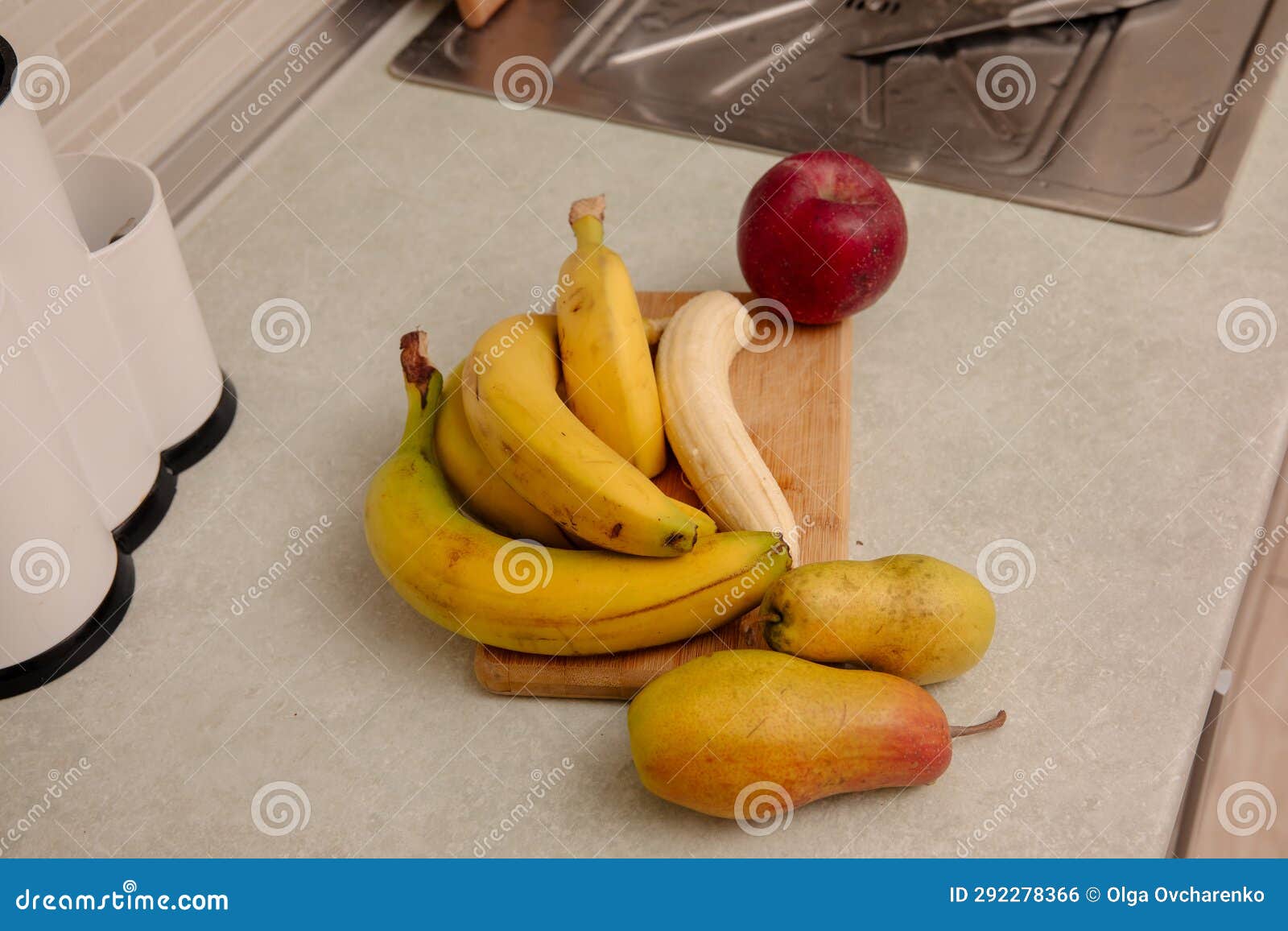 Kitchen Scene with Bananas and Mixed Fruits Stock Photo - Image of food ...