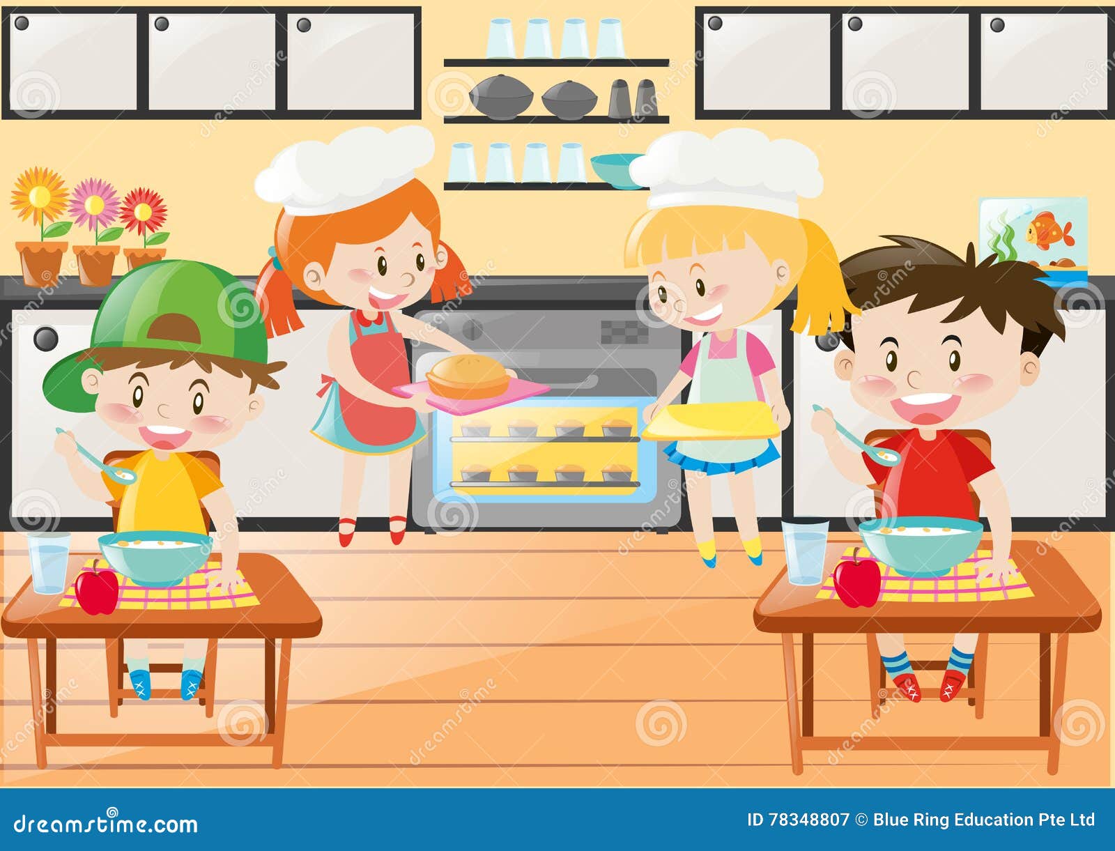 Kitchen Scene with Girls and Boys Stock Vector - Illustration of vector ...