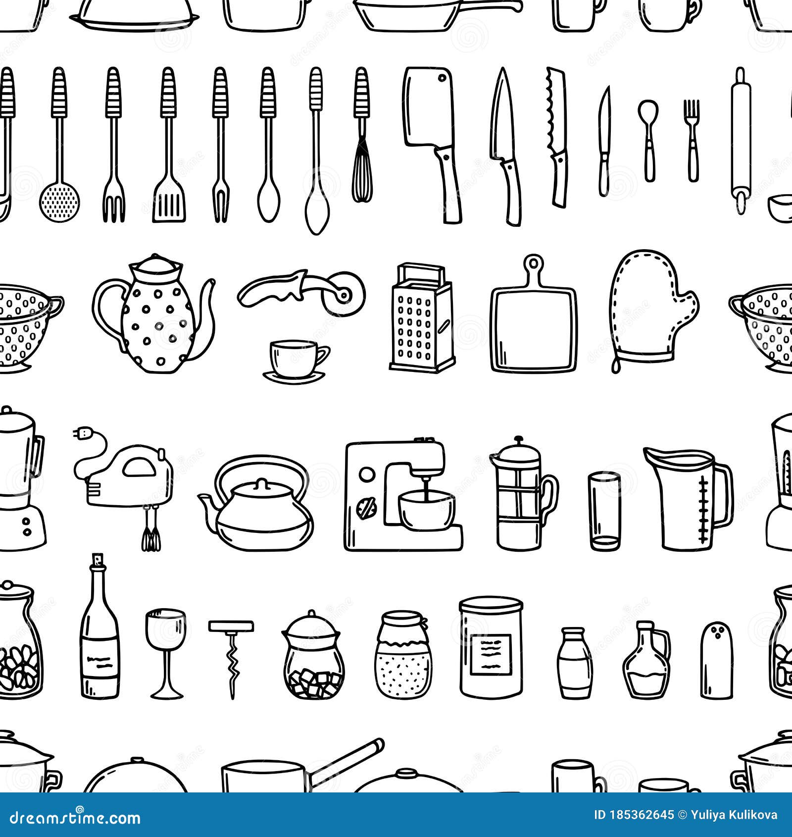 Kitchen Seamless Background in Doodle Style on White. Stock Vector ...