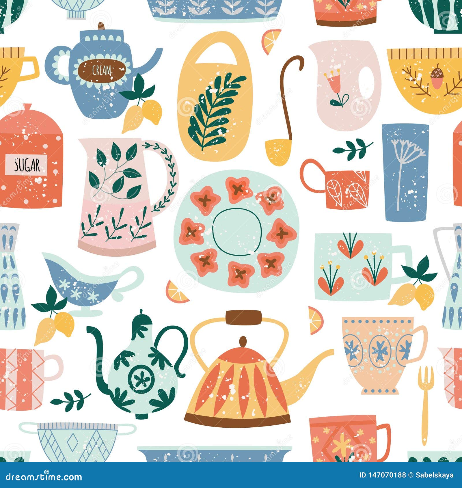 Kitchen Seamless Pattern of Ceramic Tableware Flat Cartoon Style Stock ...