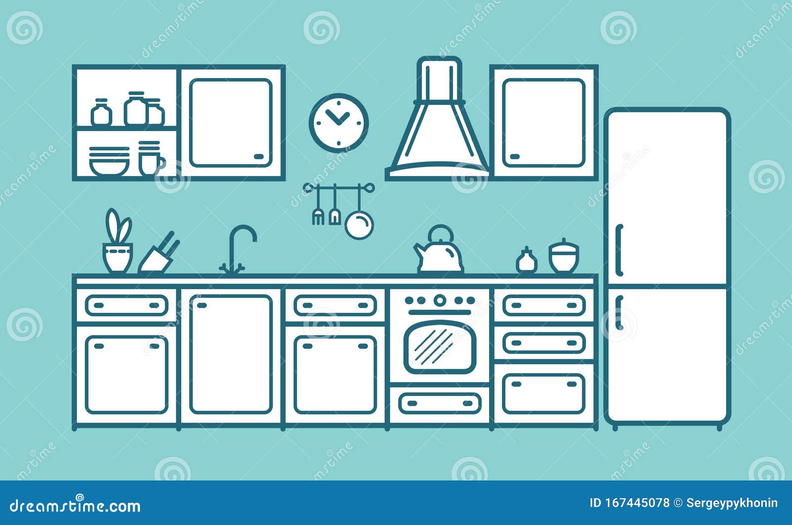 Kitchen Set, Furniture in Linear Flat Style. Cartoon Vector ...