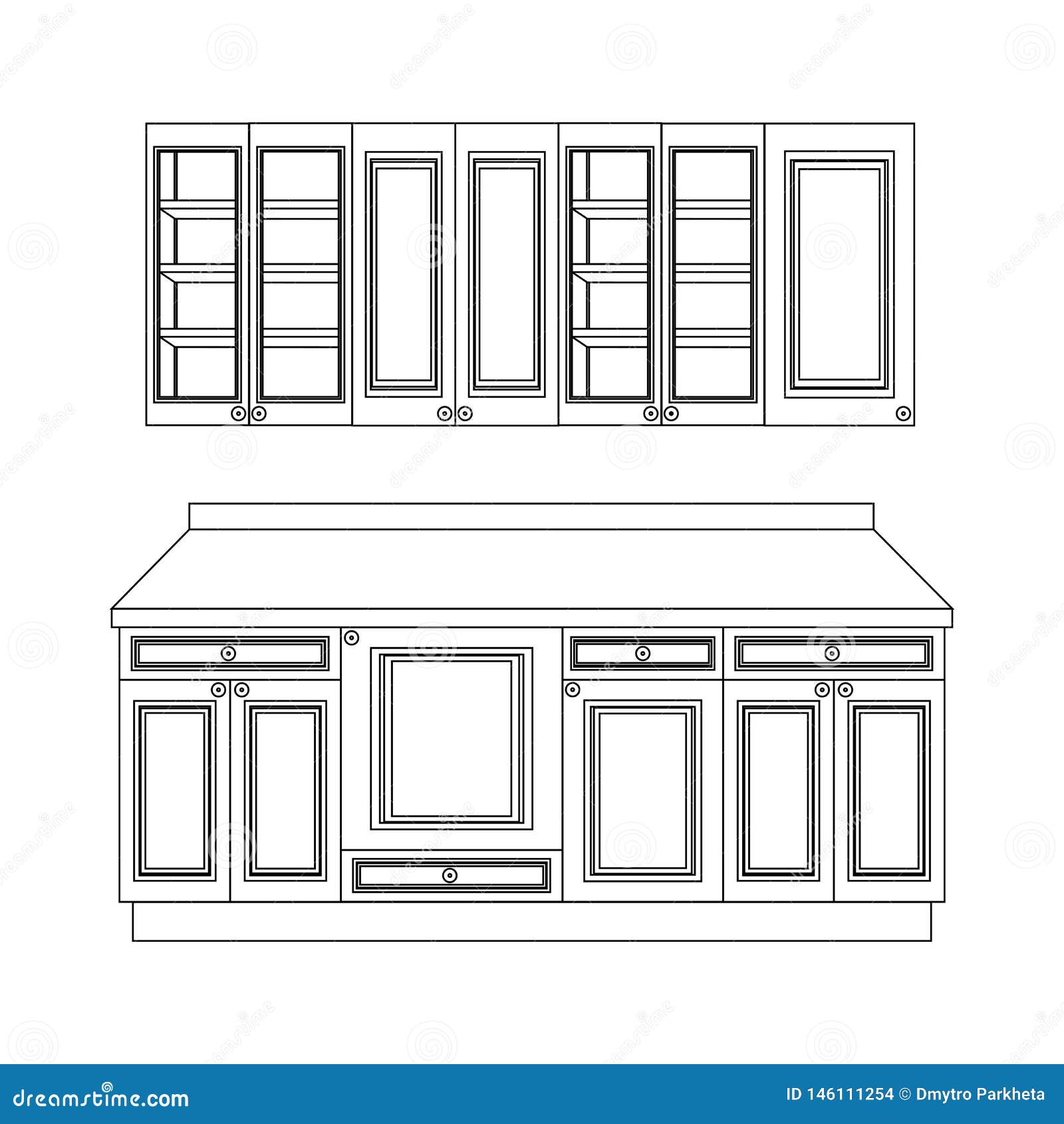 Kitchen Set Furniture Outline Stock Vector - Illustration of icon ...