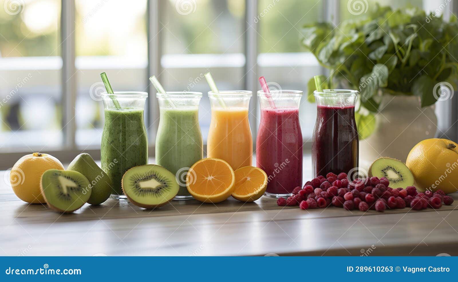 Kitchen Setting with Lots of Fresh Vibrant Smoothies Stock Illustration ...