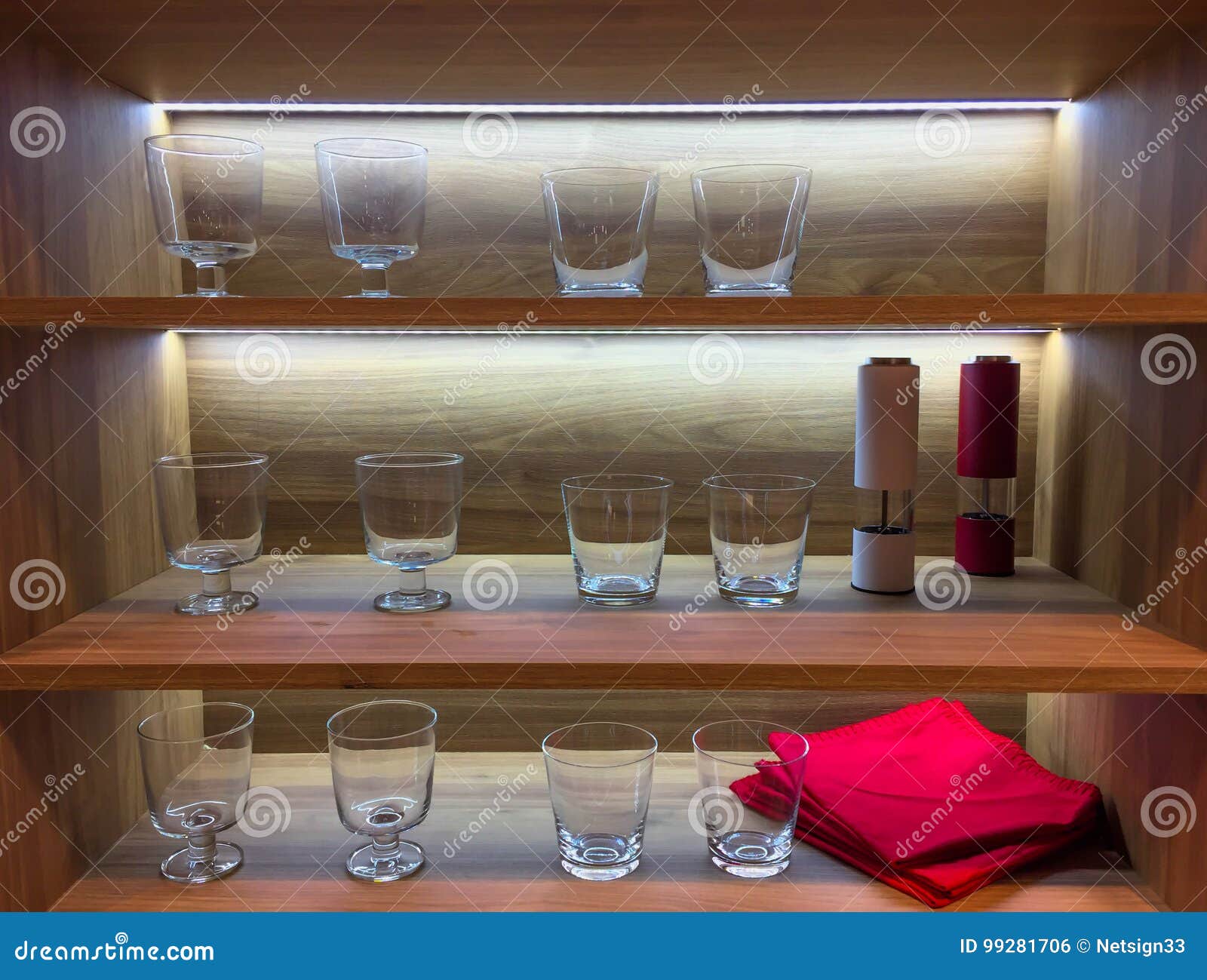 Kitchen Shelf with Empty Glasses and Backlight Stock Photo - Image of ...
