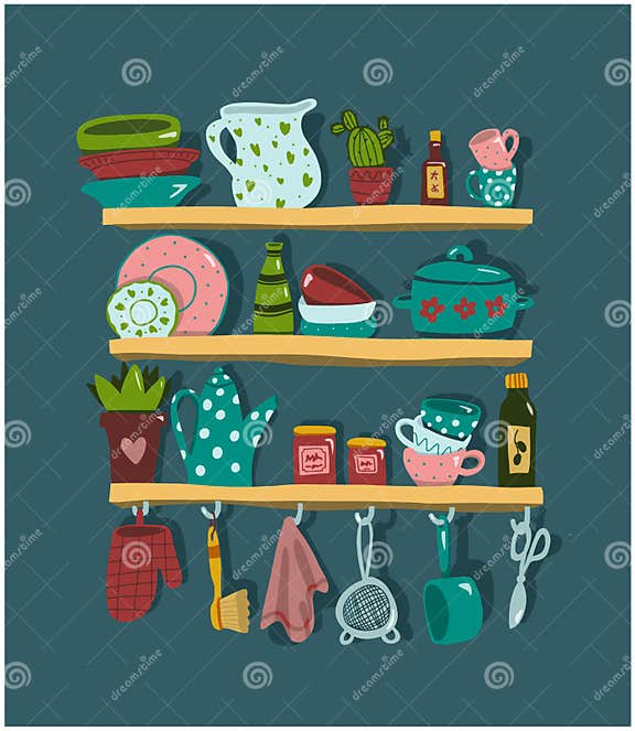 Kitchen Shelves with Cooking Utensils and Tool in Flat Style. Stock ...
