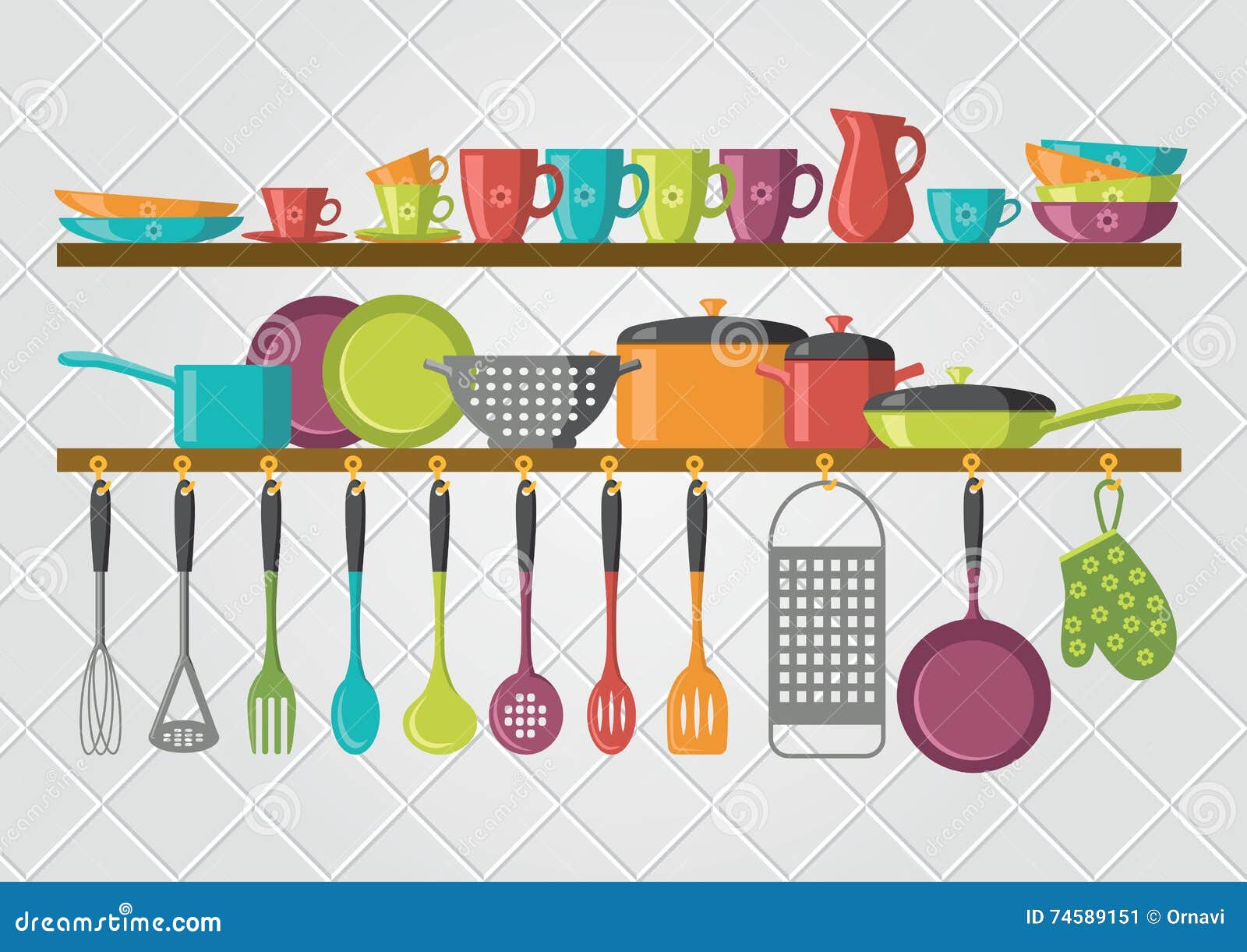 Kitchen Shelves With Dishes Vector Illustration | CartoonDealer.com ...