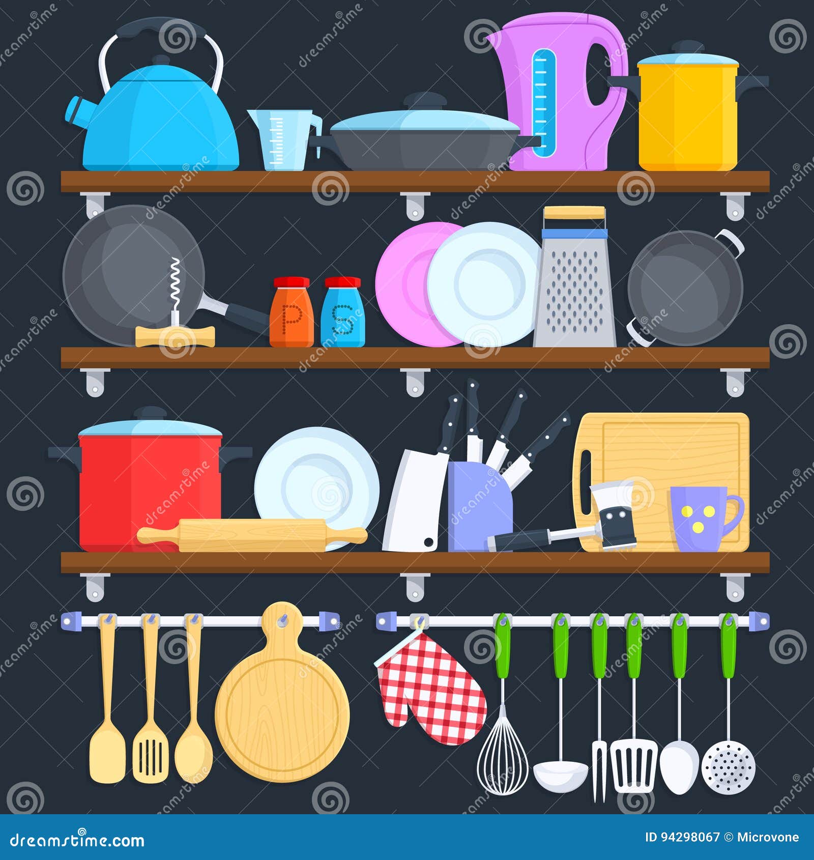 Kitchen Shelves with Cookware and Cooking Equipment Flat Vector Concept ...