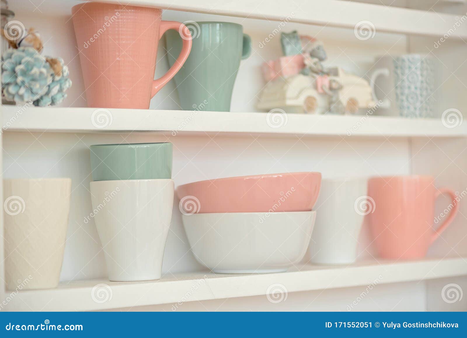 Kitchen Shelves with Dishes, Plate and Cup. Stock Image - Image of ...