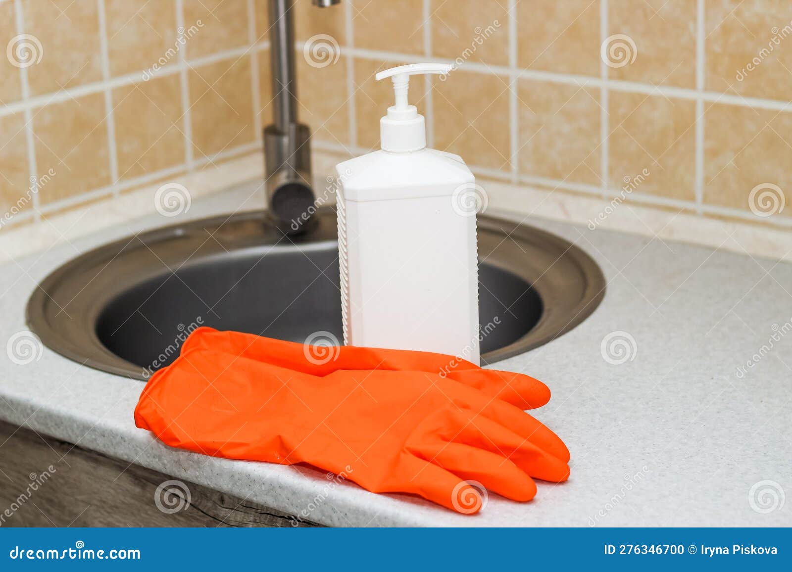 Kitchen Sink with Faucet and Gloves for Cleaning and Detergent. Stock ...