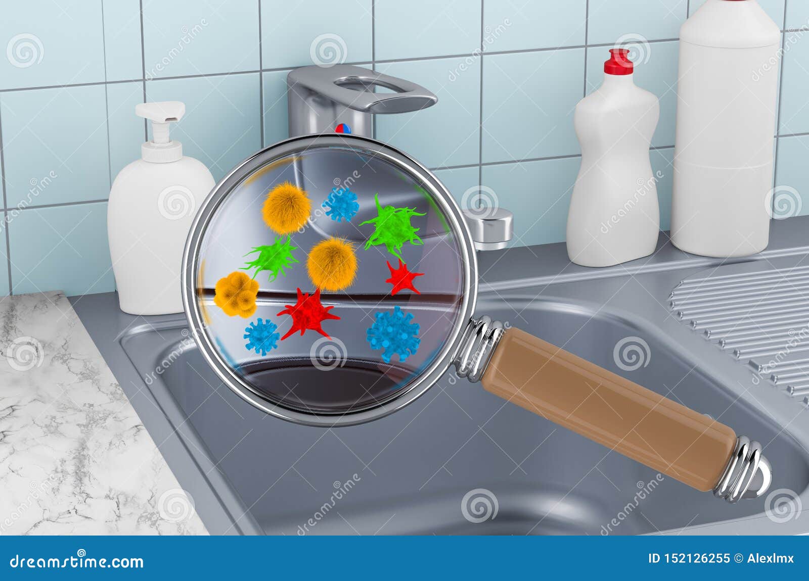 Kitchen Sink with Germs and Bacterias Under Magnifying Glass. 3D ...